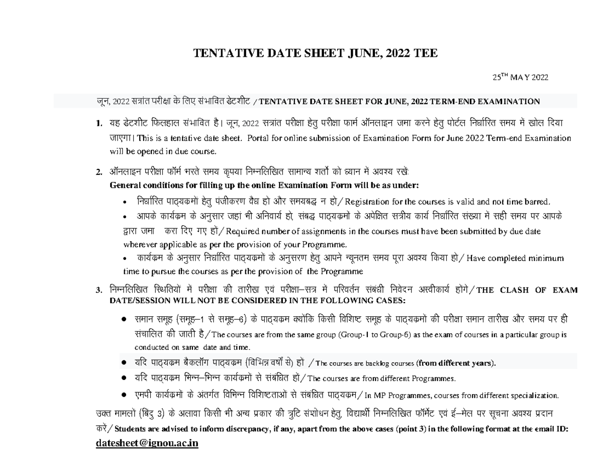 Tentative DATE Sheet JUNE, 2022 TEE - TENTATIVE DATE SHEET JUNE, 2022 ...