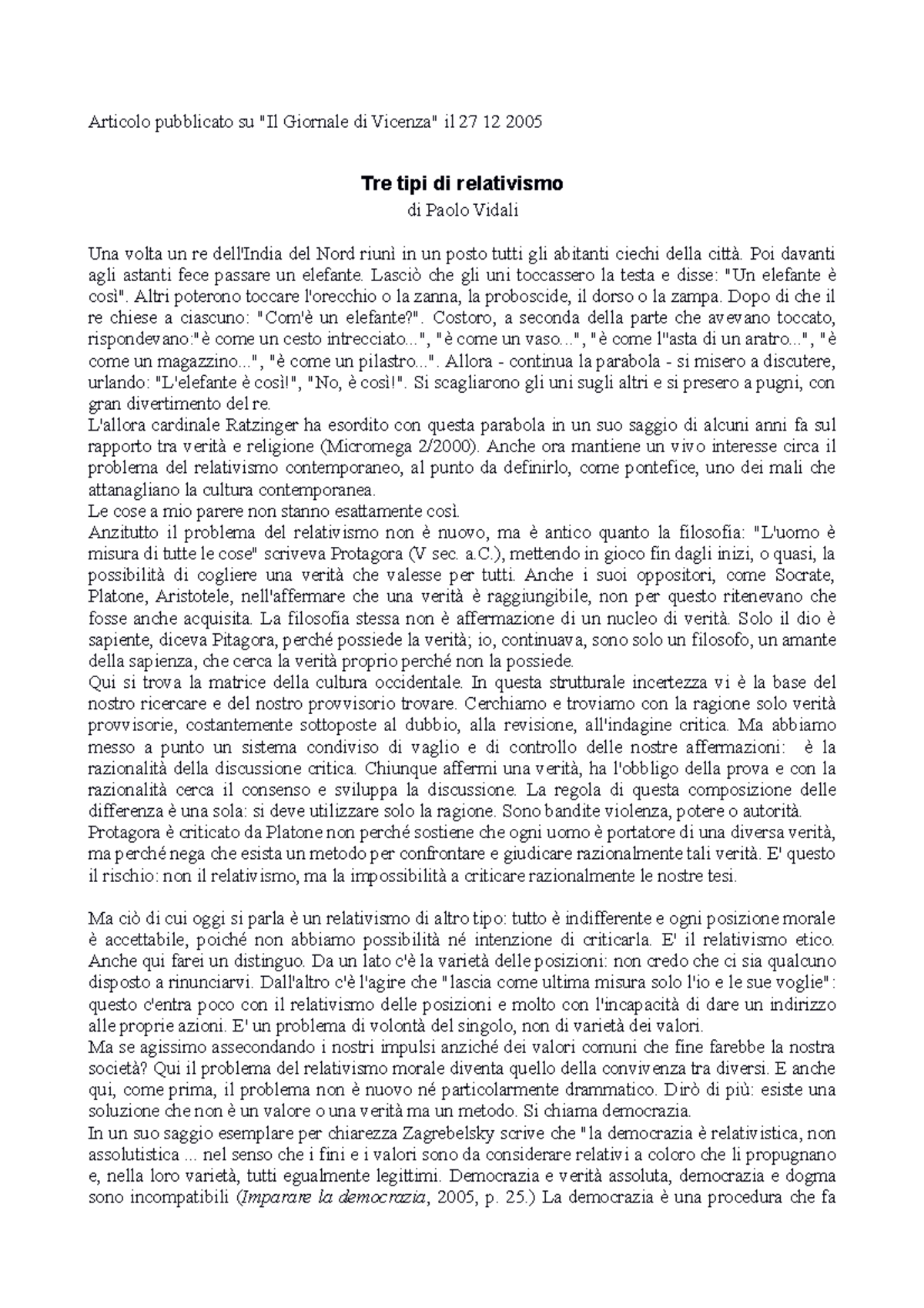 Tre tipi di relativismo - Articolo pubblicato su "Il Giornale di ...