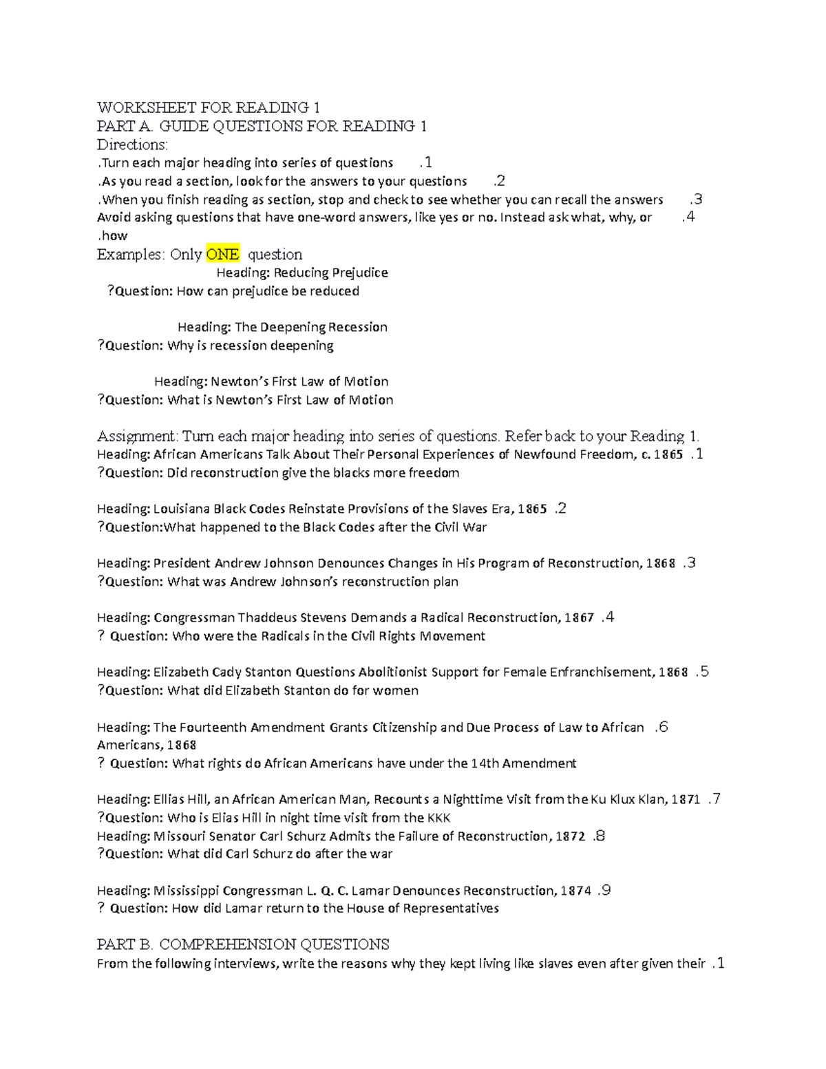 Worksheet FOR Reading copy - WORKSHEET FOR READING 1 PART A. GUIDE ...
