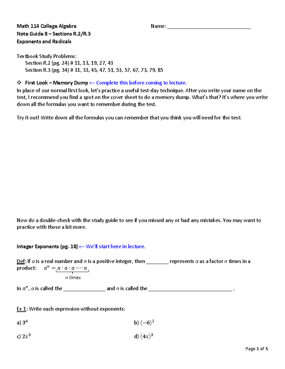 Exponents Review - n times Math 114 College Algebra Name ...