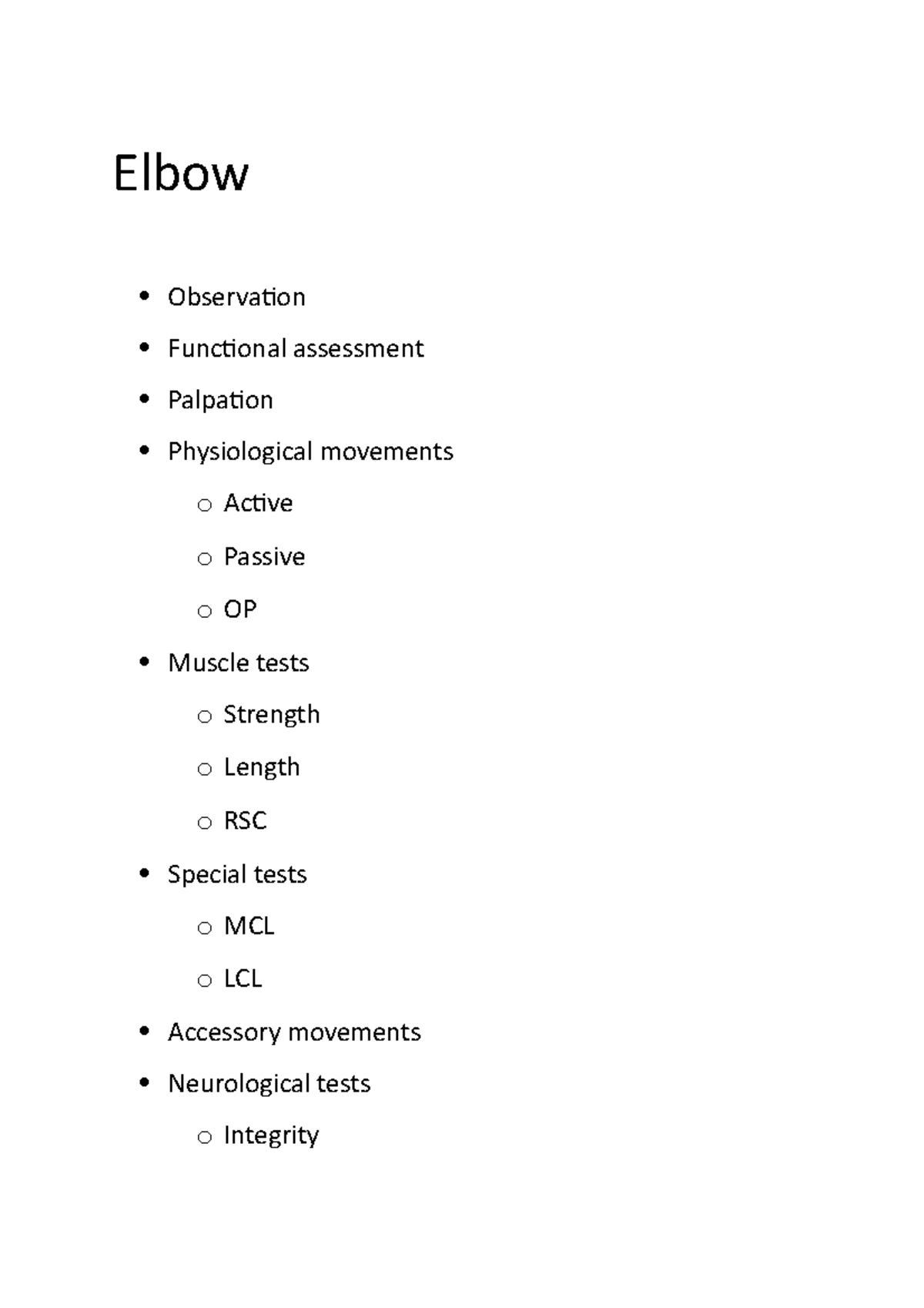 PHS314 Elbow - Prac notes - Elbow Observation Functional assessment ...