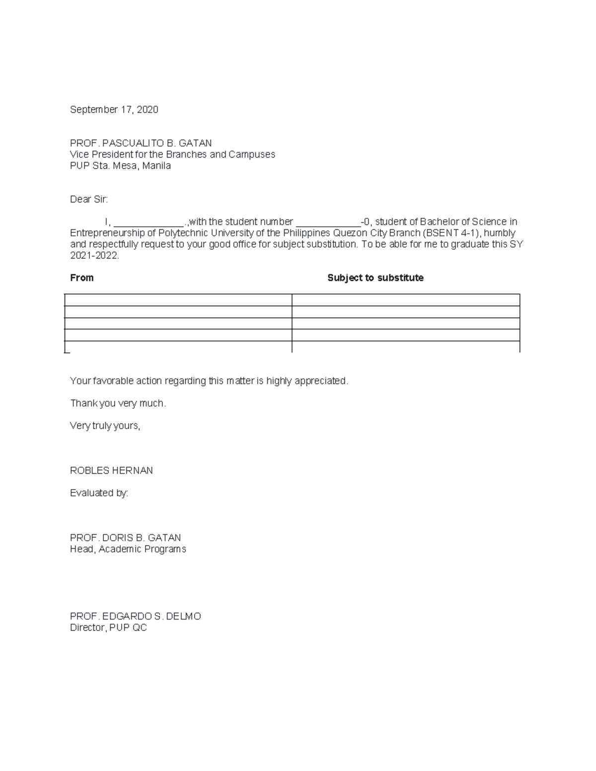 Request for subject substitution sample - September 17, 2020 PROF ...