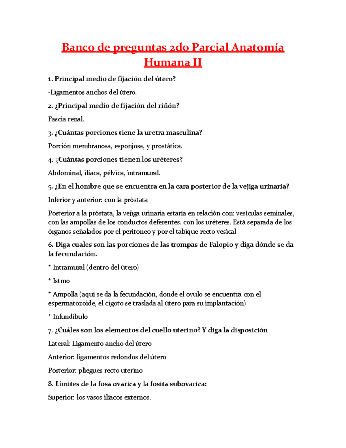 Banco de preguntas 2do Parcial Anatomía Humana II - Banco de preguntas 2do Parcial Anatomía ...