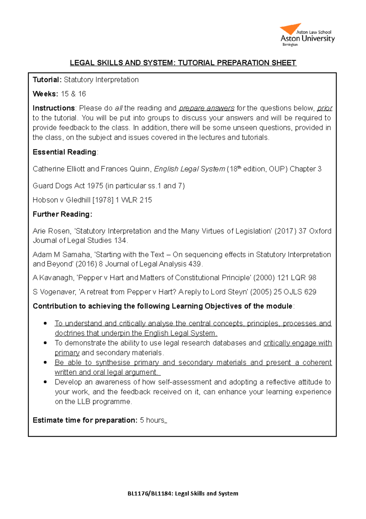 Tutorial 6 Preparation Sheet Statutory Interpretation - LEGAL SKILLS ...