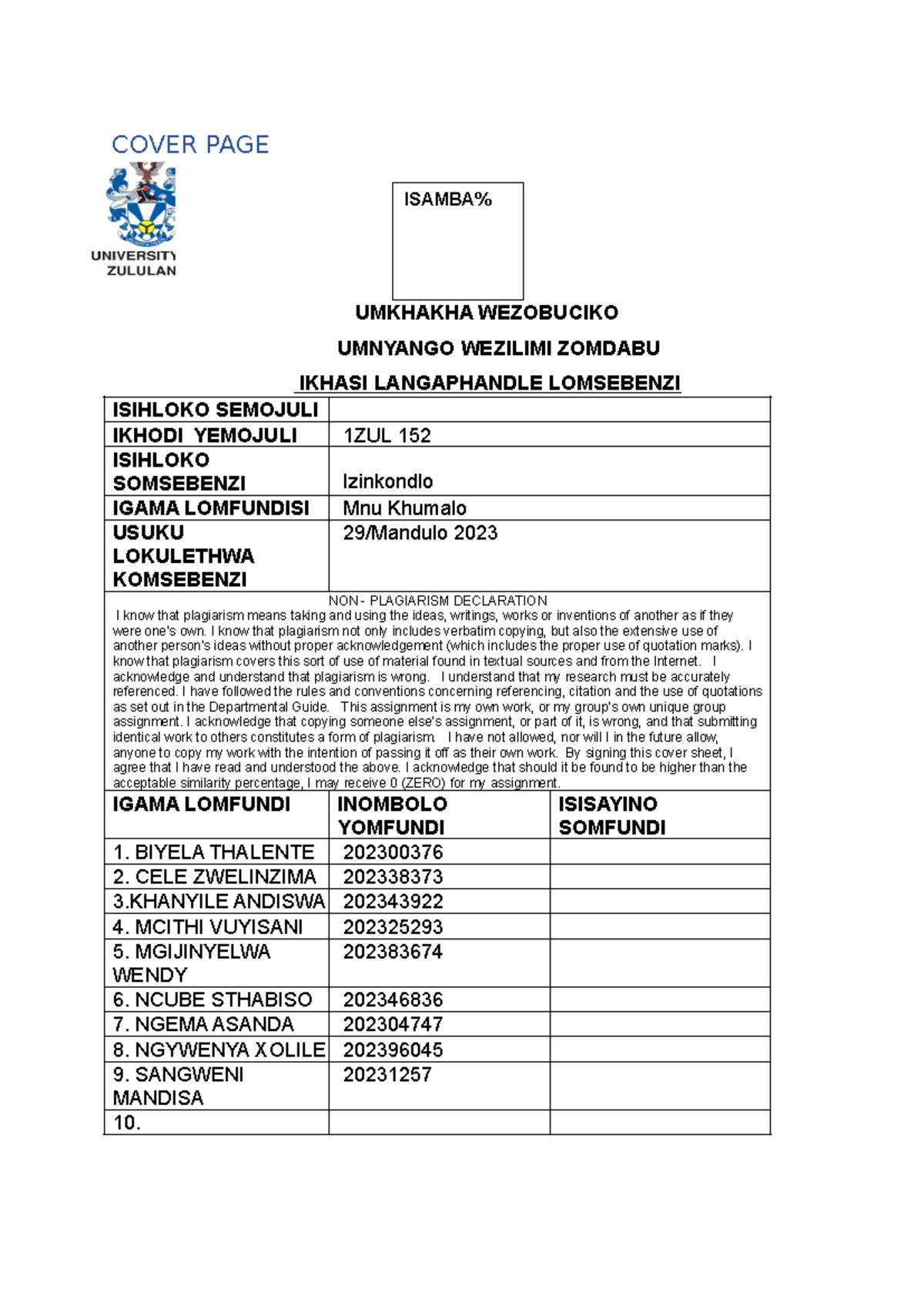 Izinkondlo Awnsers - this is to help understand abit - COVER PAGE ...