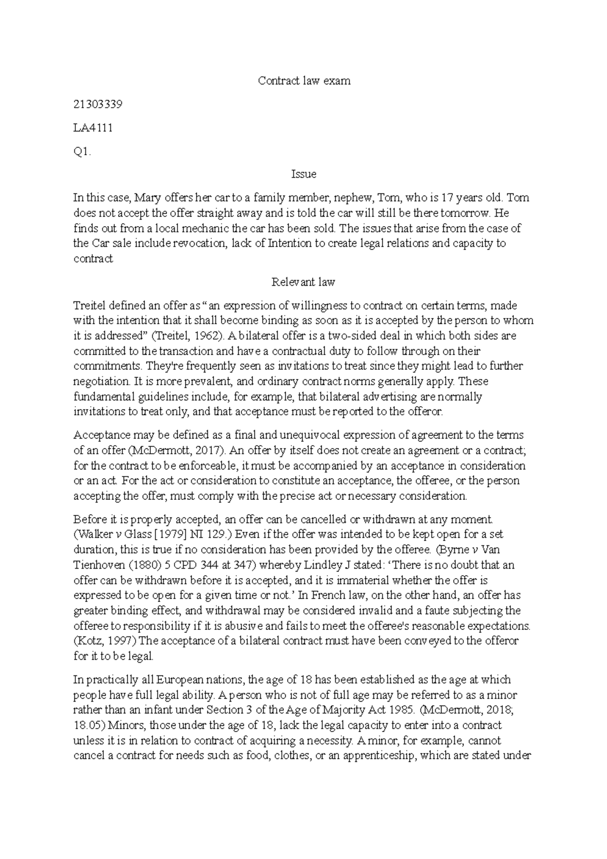 Contract Law Exam Basic C1 Exam Essay Contract Law Exam 21303339 LA