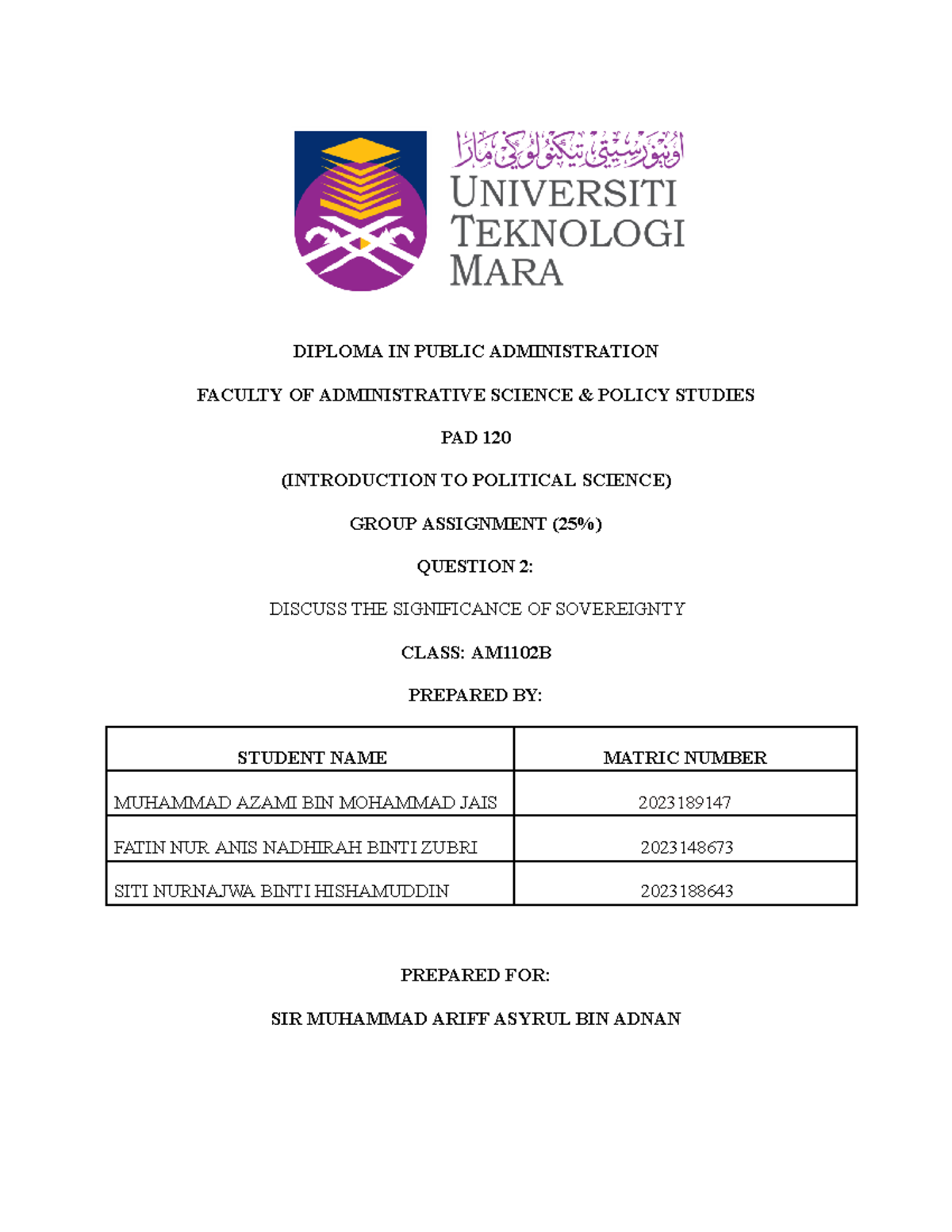 Assignment PAD120 - DIPLOMA IN PUBLIC ADMINISTRATION FACULTY OF ...