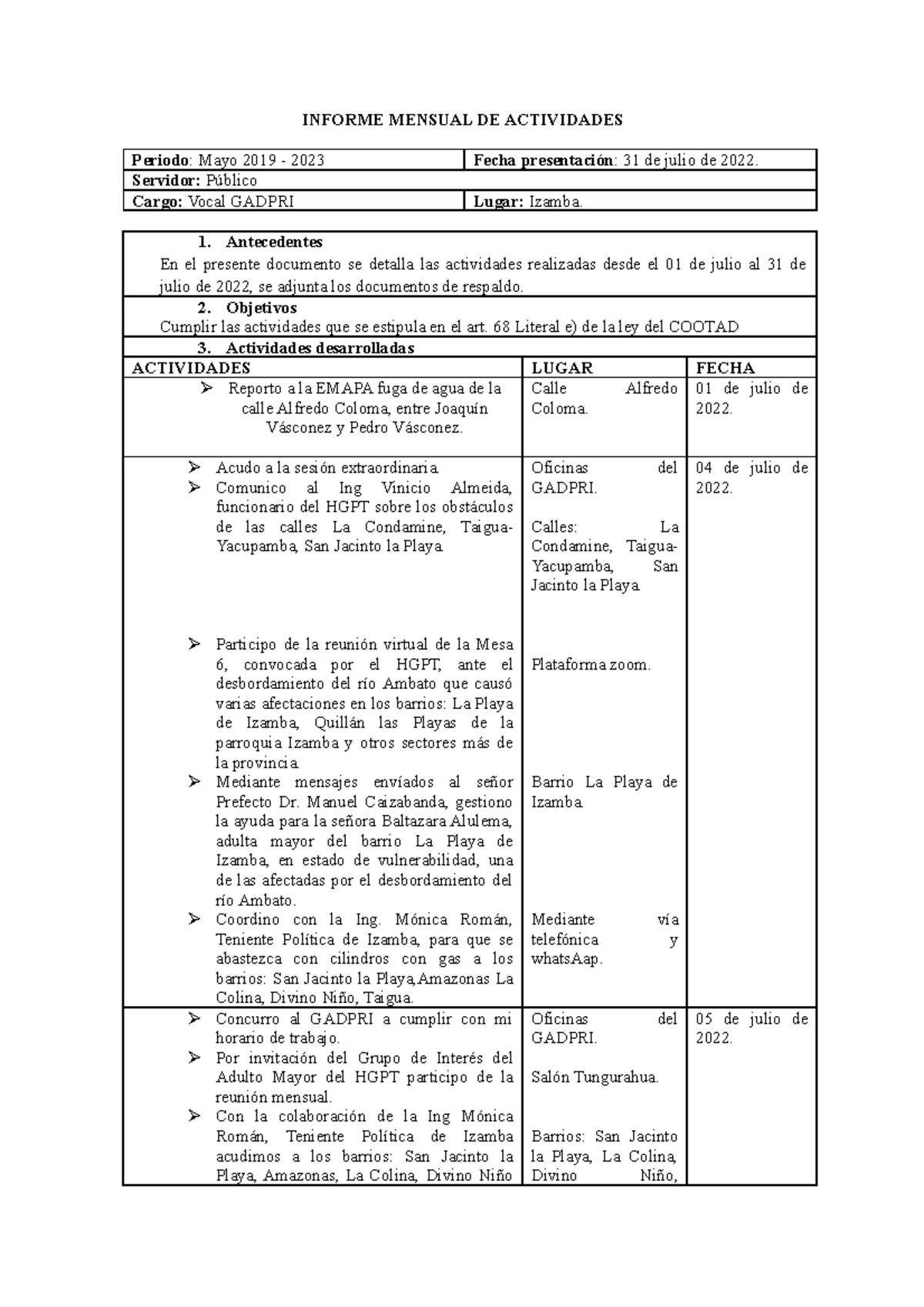 Informe Julio - INFORME MENSUAL DE ACTIVIDADES Periodo : Mayo 2019 ...
