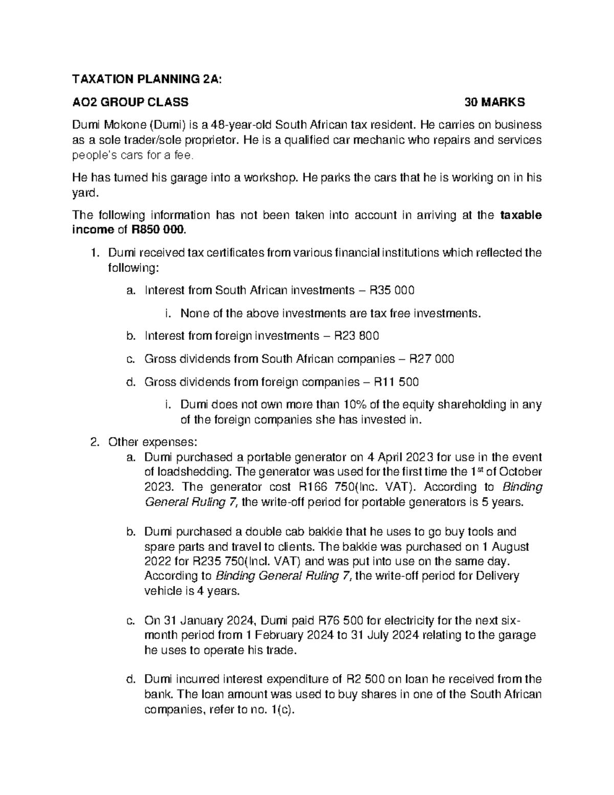 TXP 2A Tutorial question - TAXATION PLANNING 2A: AO2 GROUP CLASS 30 ...