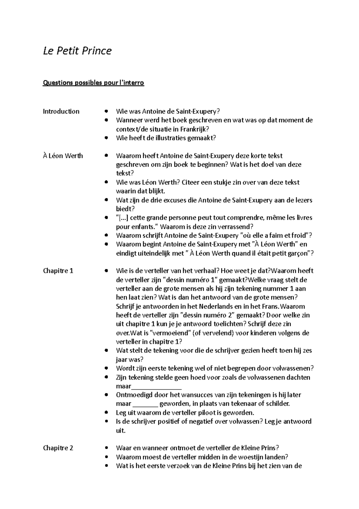 LE Petit Prince - Question - Le Petit Prince Questions possibles pour l ...