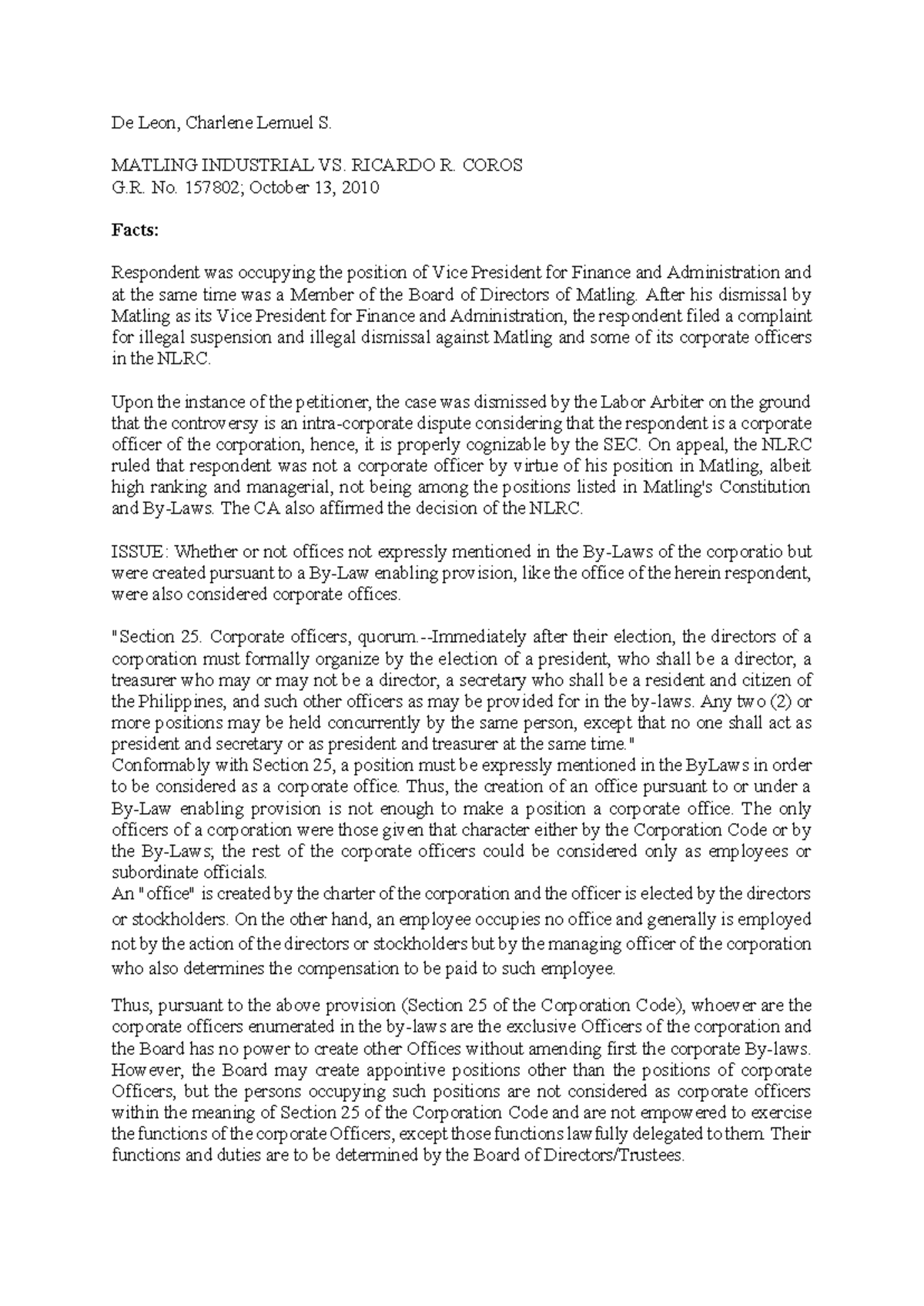 Matling Industrial VS. Ricardo R. Coros - De Leon, Charlene Lemuel S ...