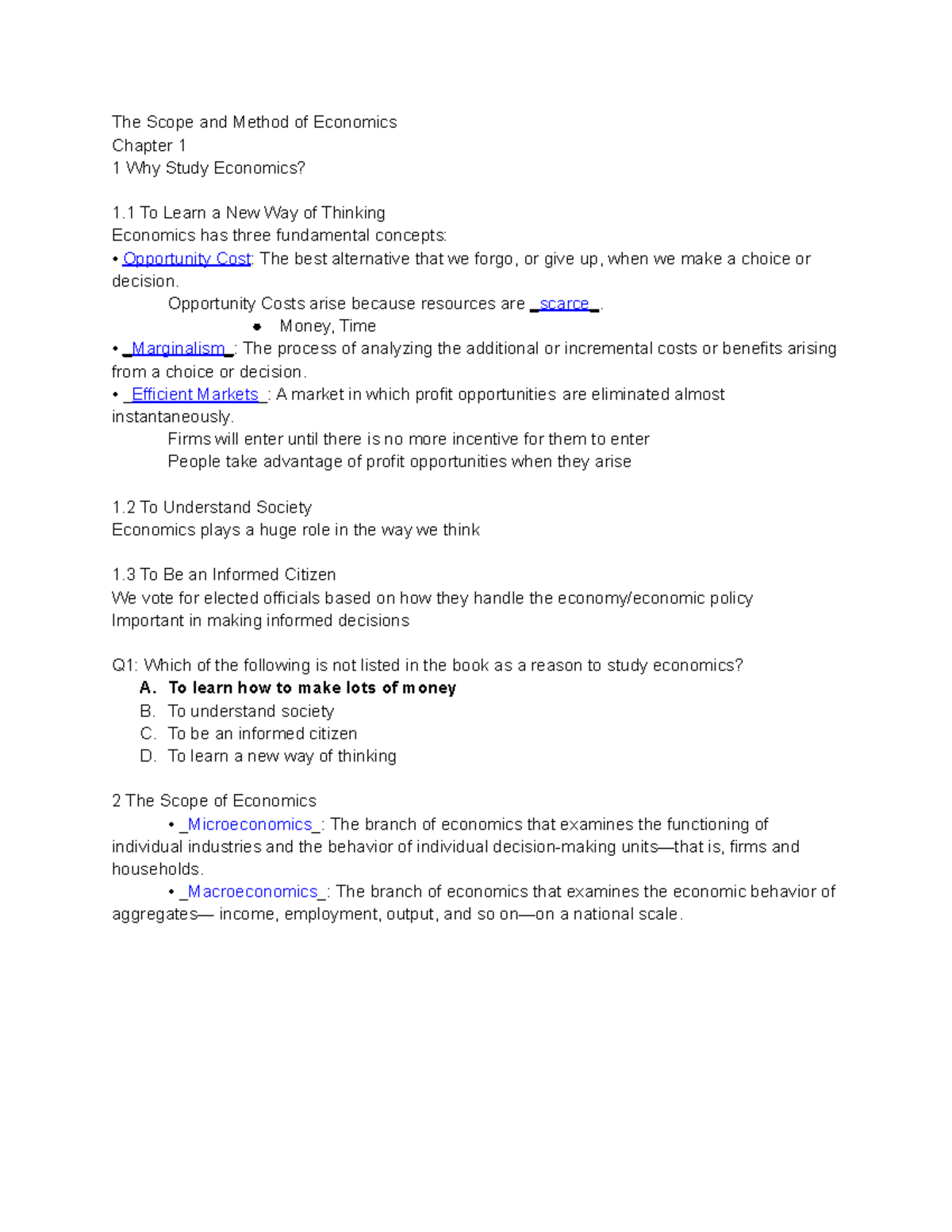 ECON 002 Notes Part 1/3 - The Scope and Method of Economics Chapter 1 1 ...