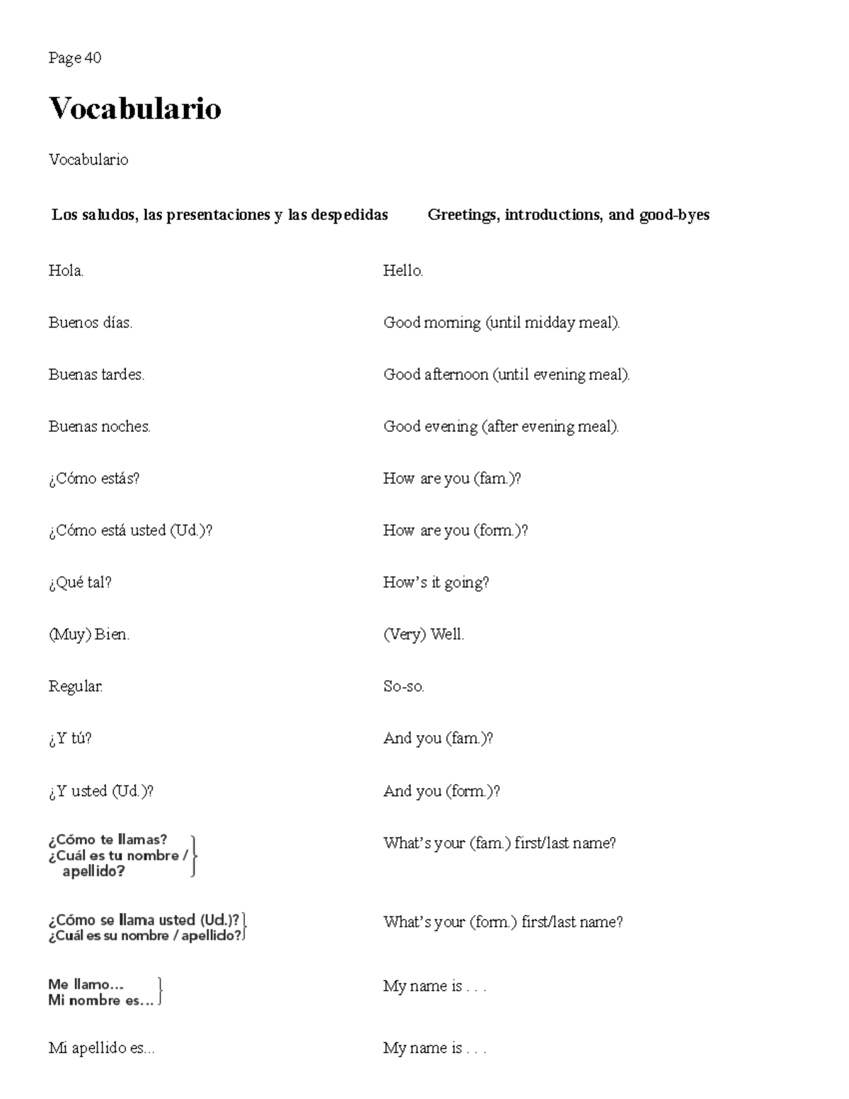 Chapter 1 - Vocab - Page 40 Vocabulario Vocabulario Los saludos, las ...