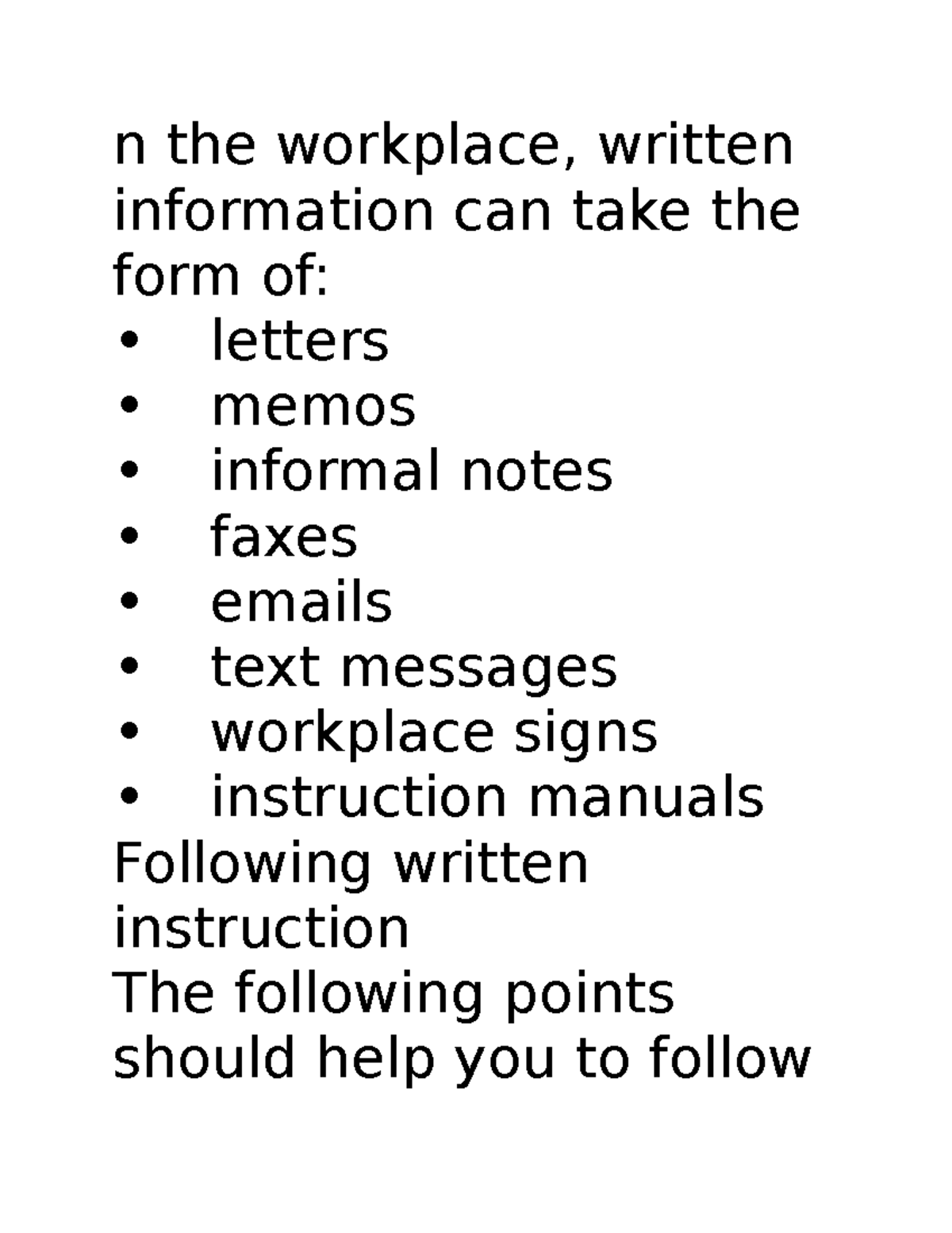 Sample - n the workplace, written information can take the form of ...