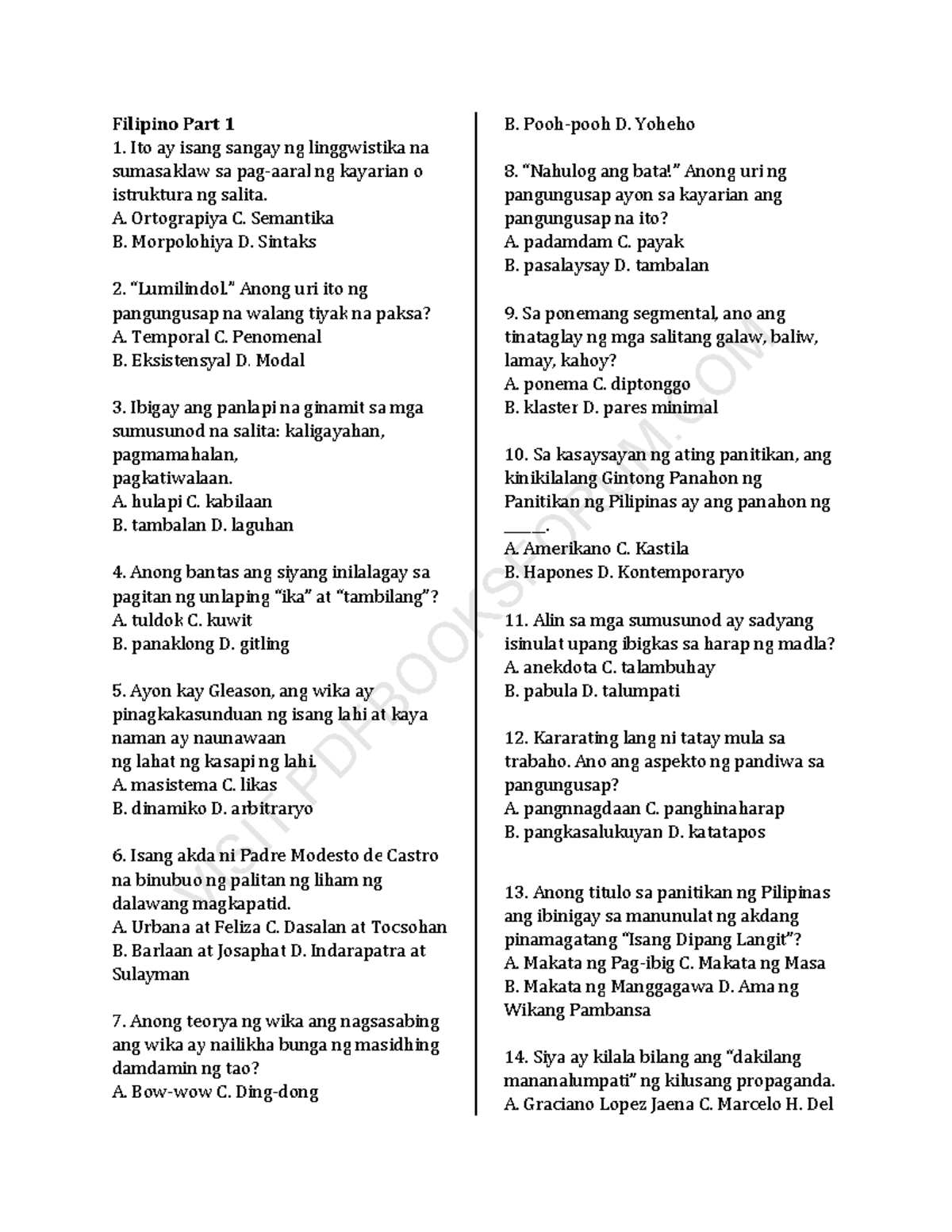 Part 1-2 Filipino Majorship Questions - Filipino Part 1 1. Ito ay isang ...