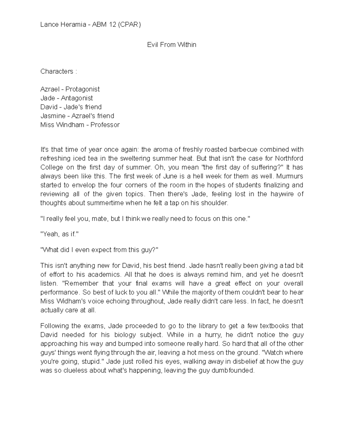 Evil From Within - A fictional story - Lance Heramia - ABM 12 (CPAR ...