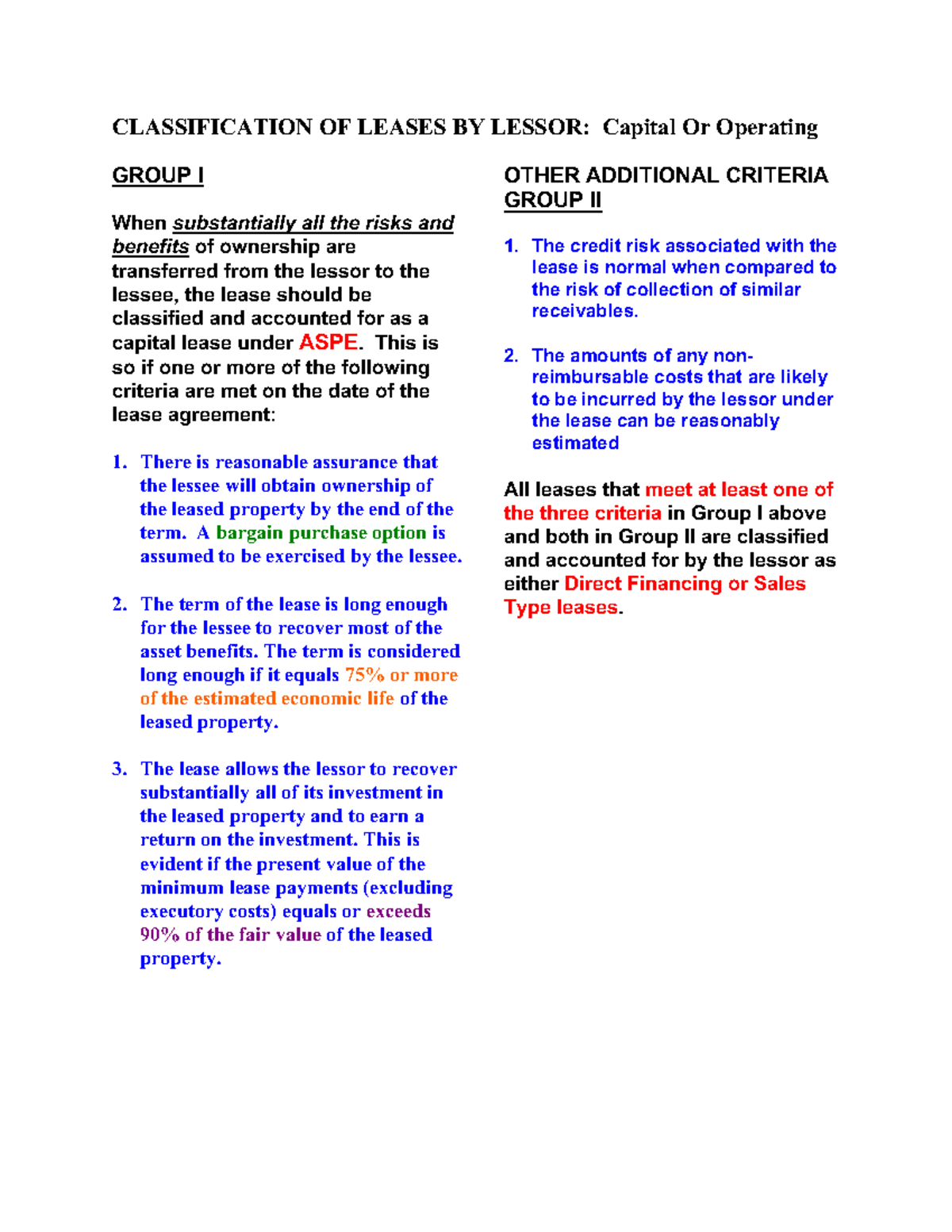 Class PSN2 OF Leases Lessor - CLASSIFICATION OF LEASES BY LESSOR ...