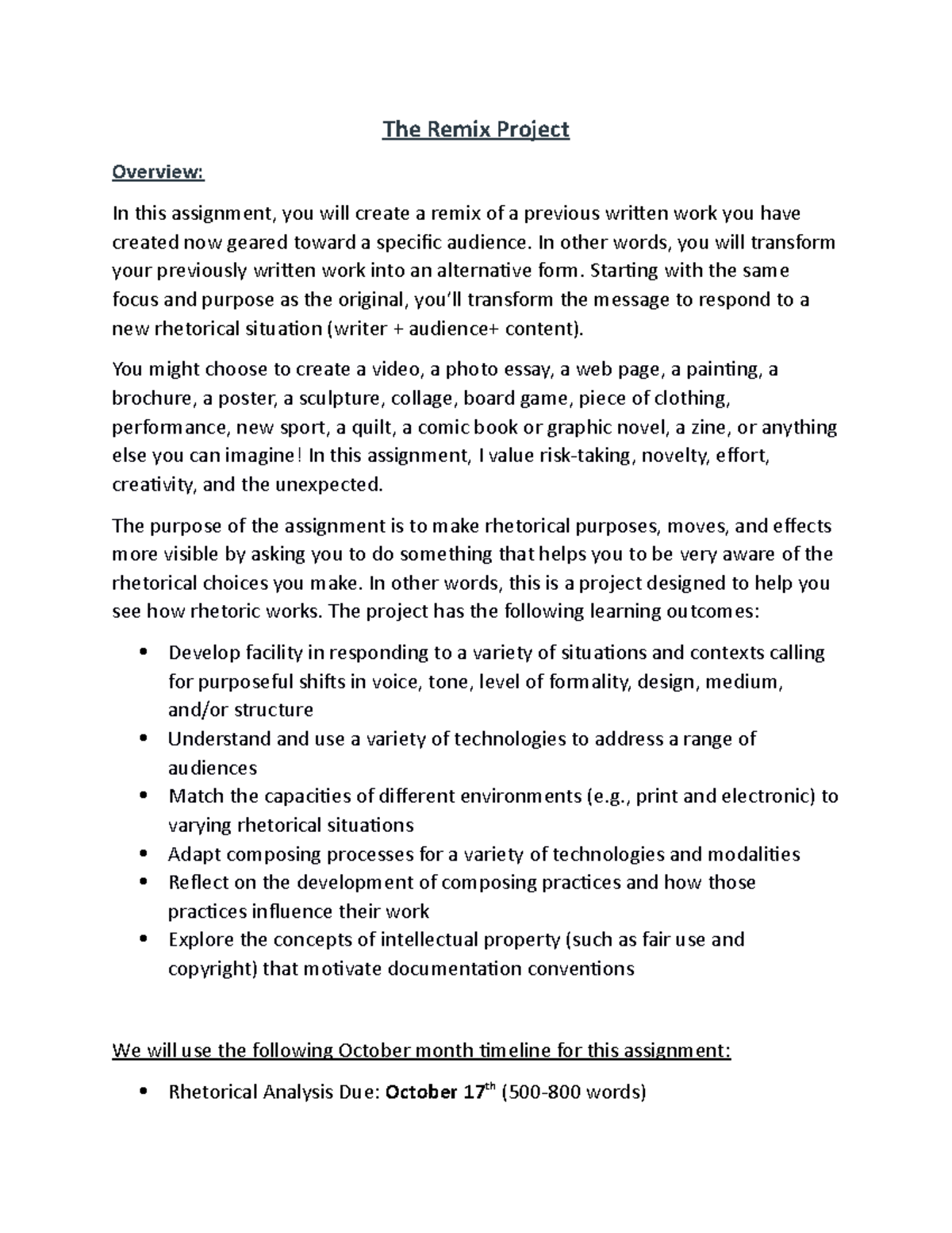 The Remix Project and Rubric - The Remix Project Overview: In this ...