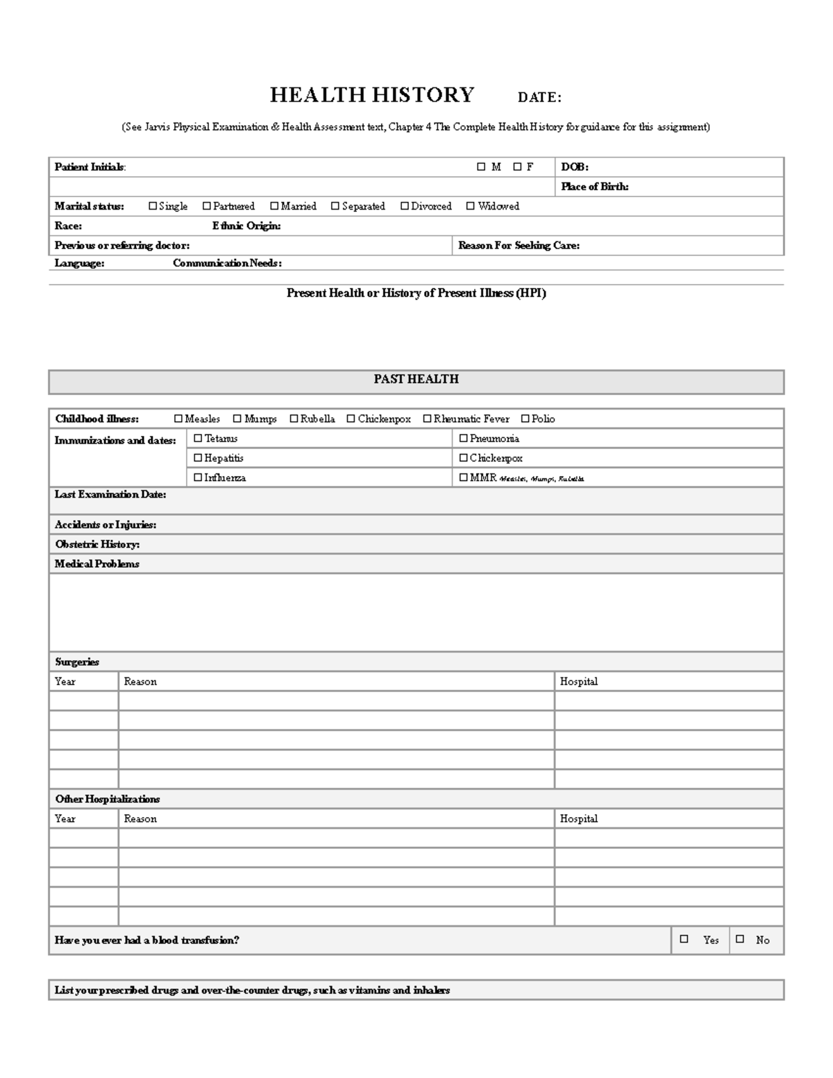 Health History Form-1 - HEALTH HISTORY DATE: (See Jarvis Physical ...