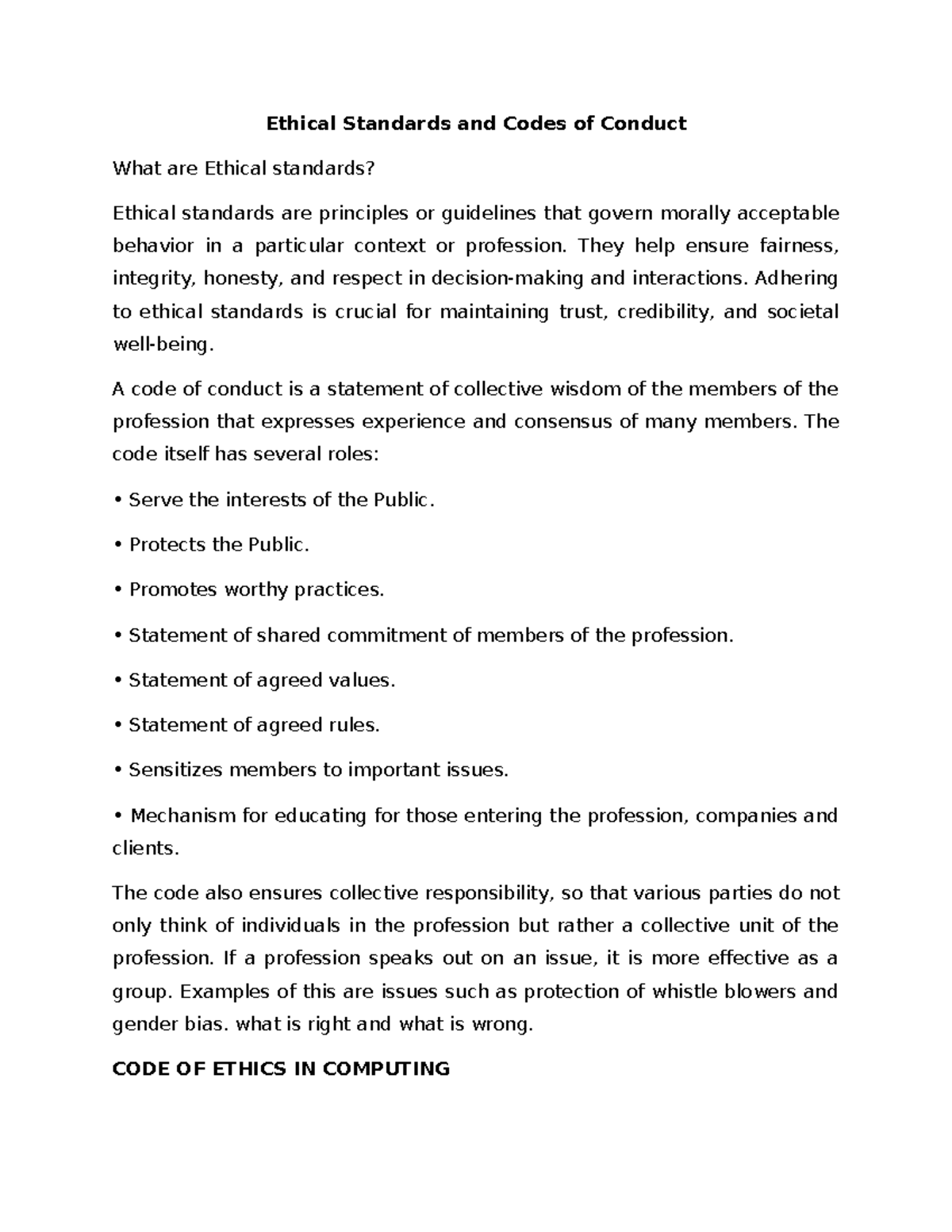 Ethical Standards and codes of conduct - Ethical Standards and Codes of ...