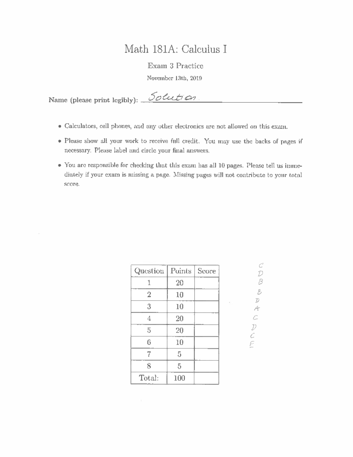 Exam3 practice Soln - MATH 181A - Studocu
