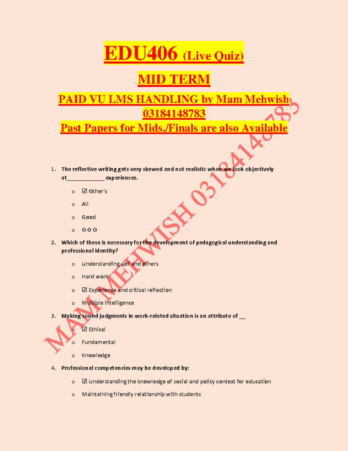 EDU406 MCQs Mids 2024 Mam Mehwish - EDU406 (Live Quiz) MID TERM PAID VU ...