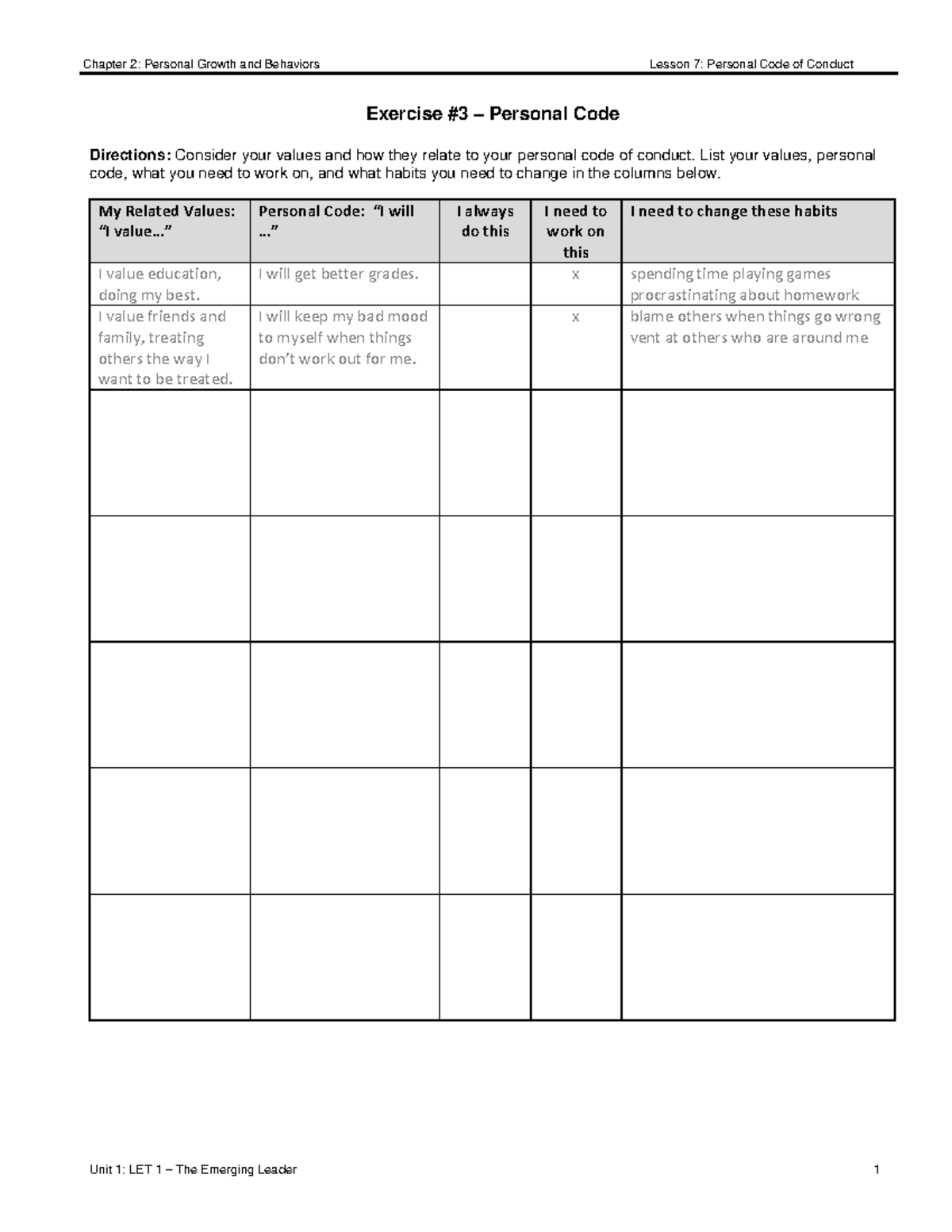 U1C2L7A3 Exercise 3 - Personal Code 1 - Chapter 2: Personal Growth and ...