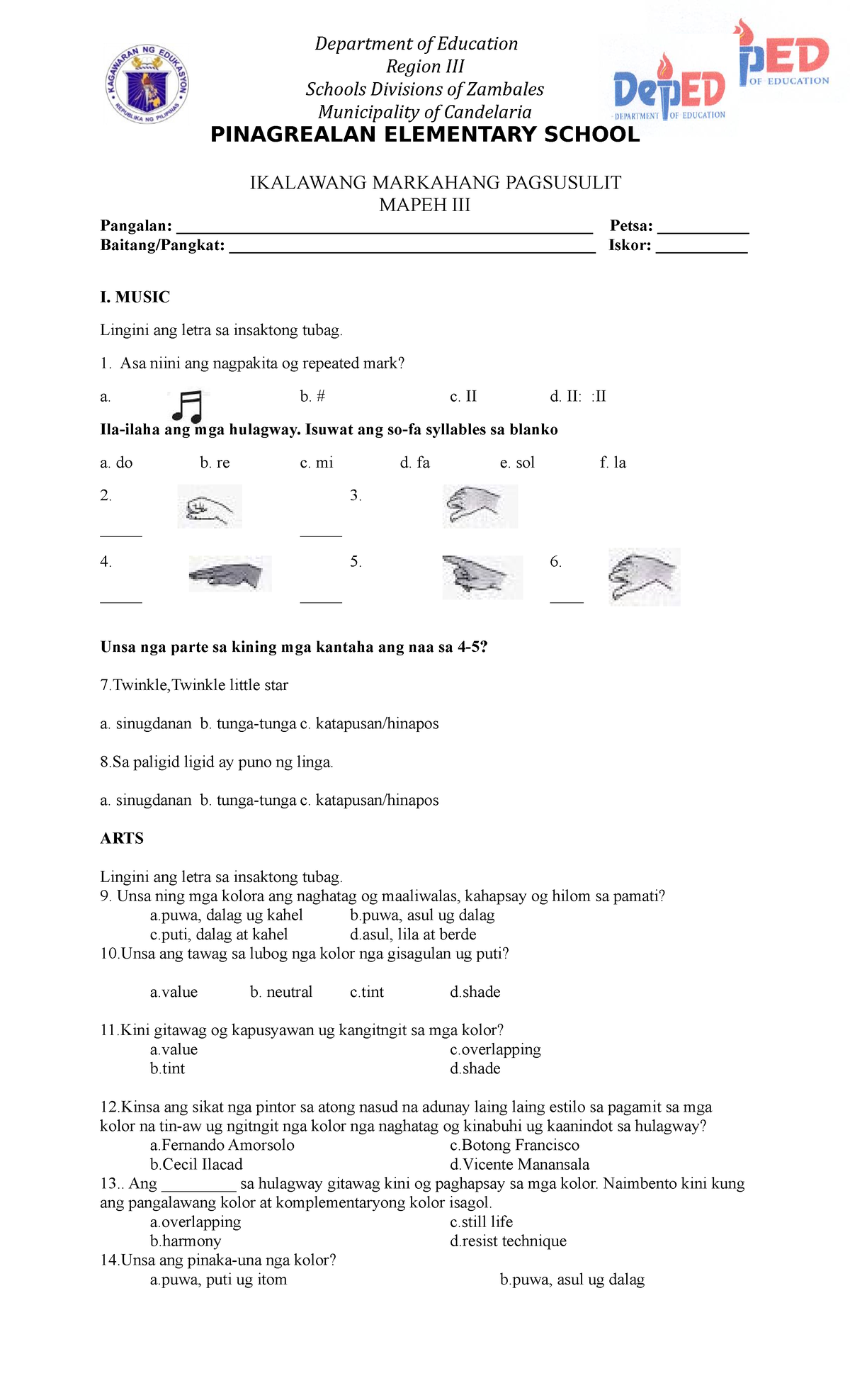 PT Mapeh 3 Q2 - Department of Education Region III Schools Divisions of ...