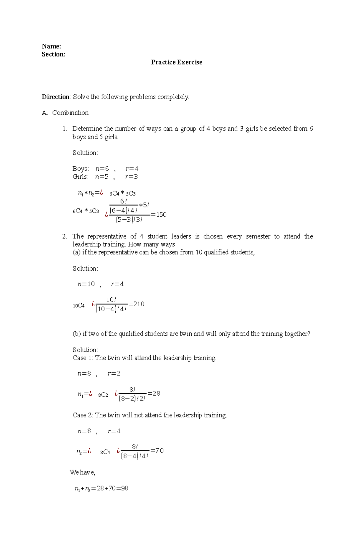 Practice Exercise 4- answers - Name: Section: Practice Exercise ...