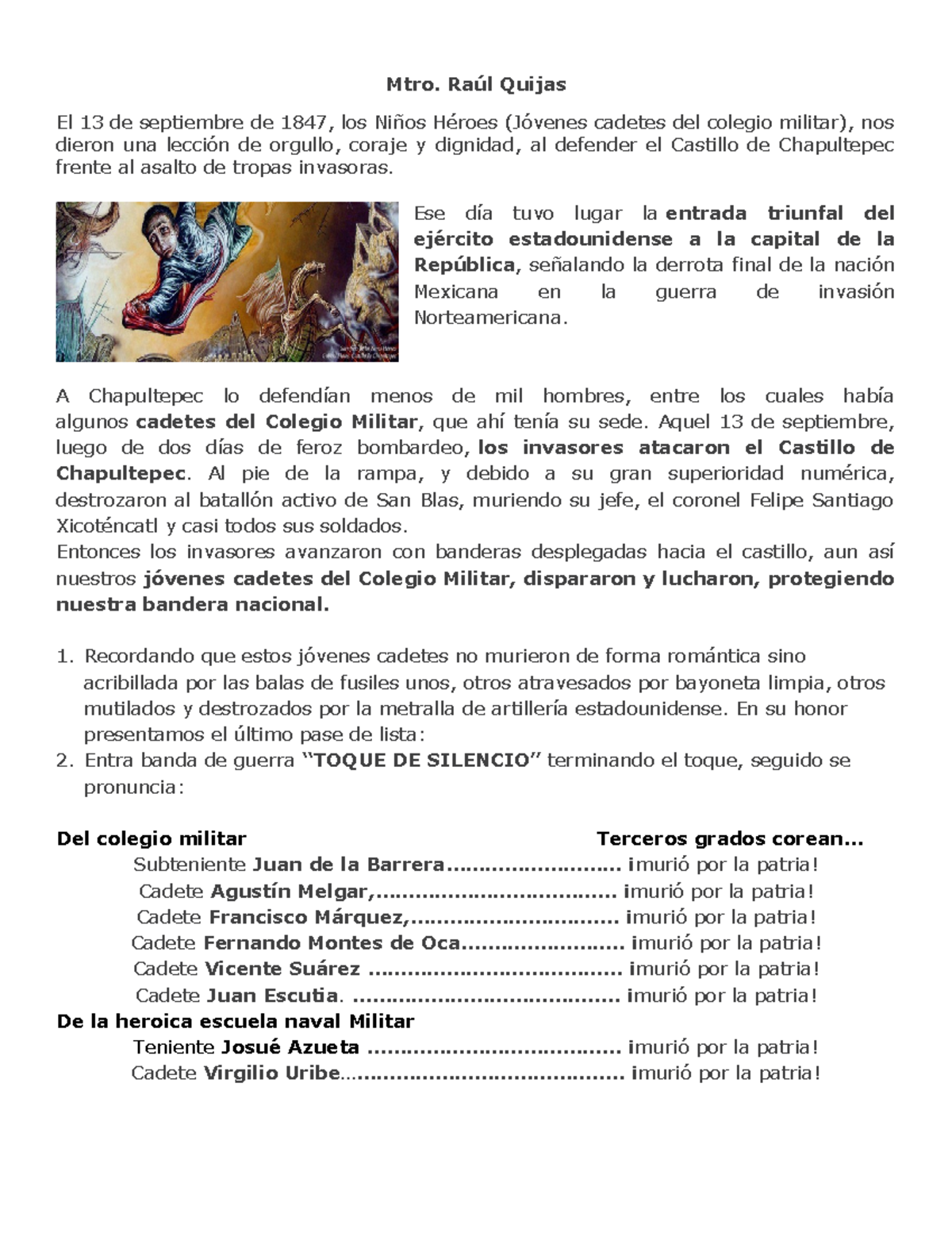 Niños Heroes - BREVE RELATO DE LA DEFENZ