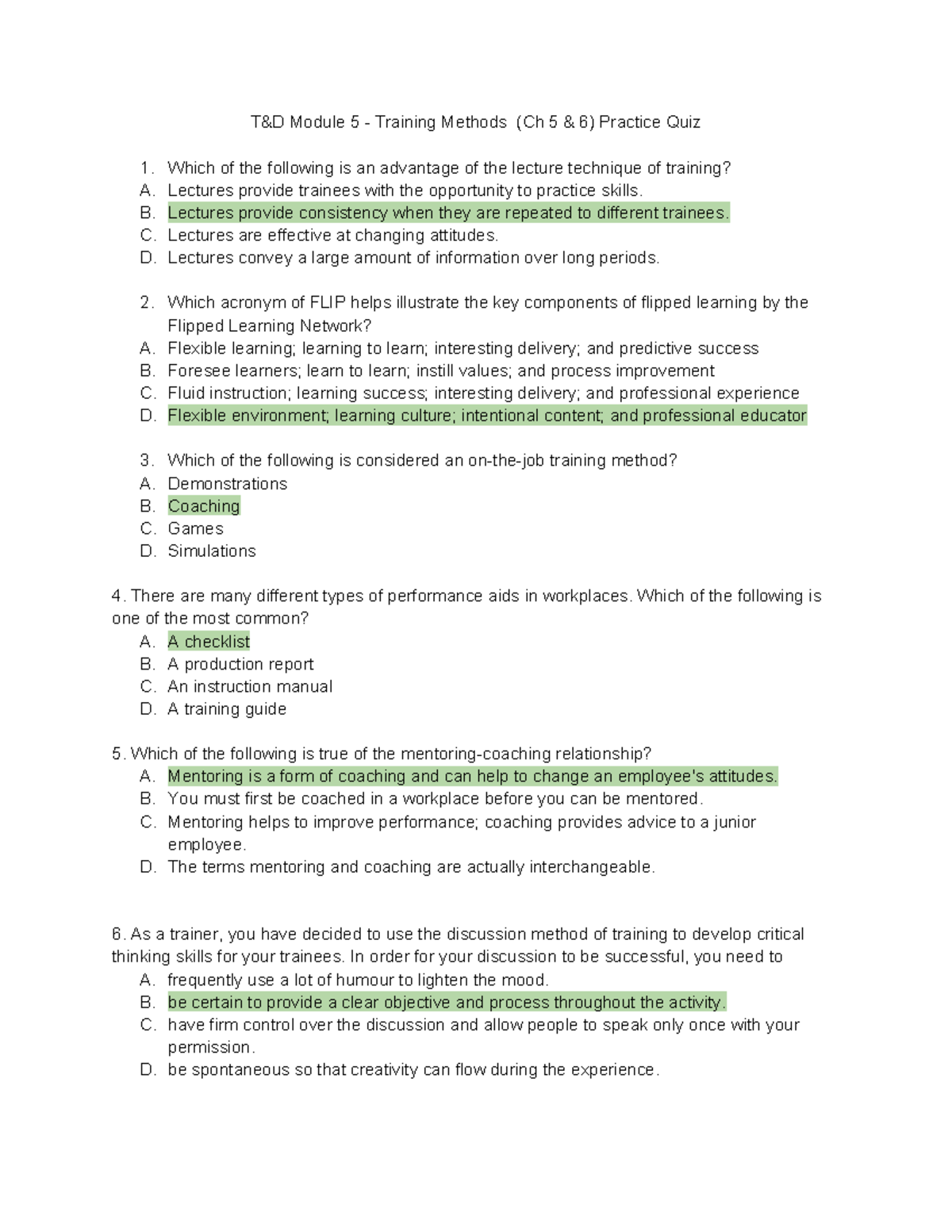 T&D Module 5 - Training Methods (Ch 5 & 6) Practice Quiz - T&D Module 5 ...
