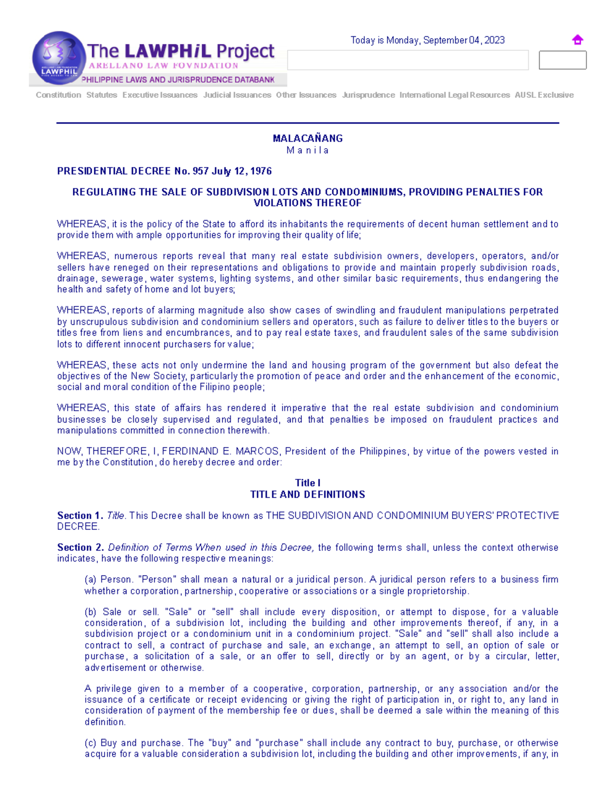 Presidential Decree 957 (Law) - Constitution Statutes Executive ...