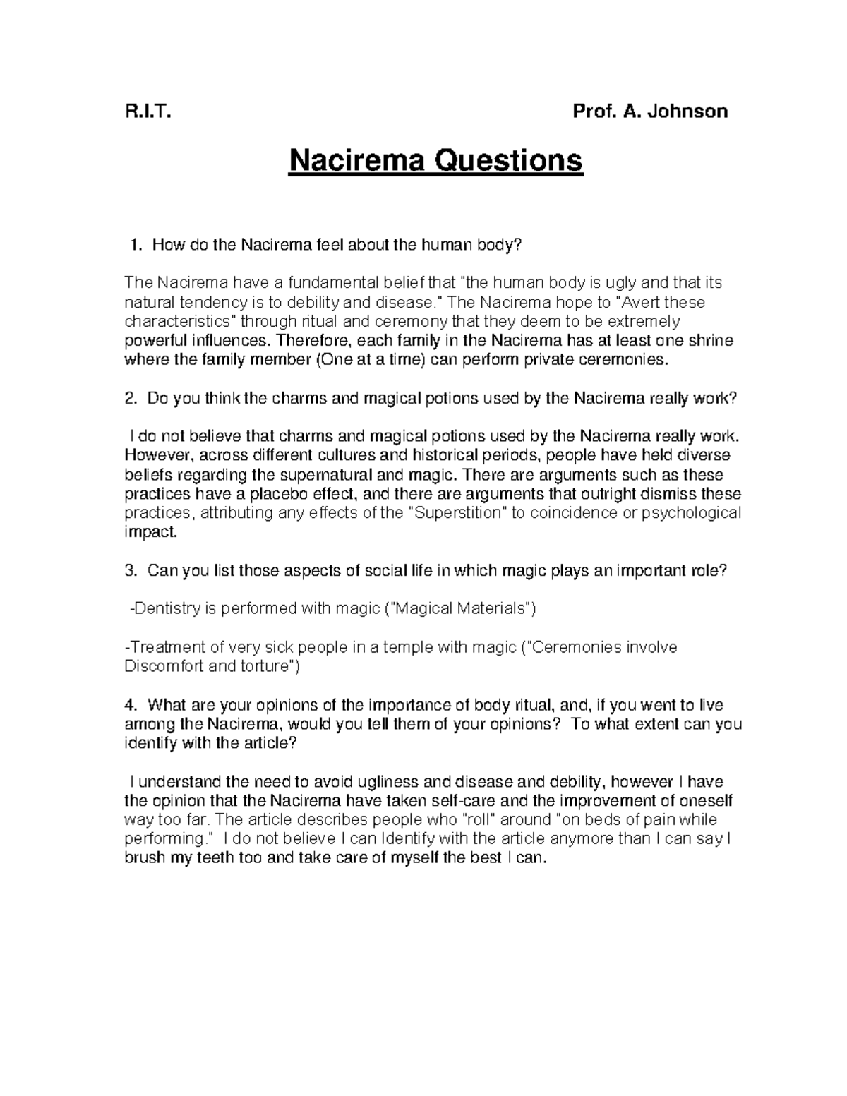 Nacirema Questions-RIT - R.I. Prof. A. Johnson Nacirema Questions How ...