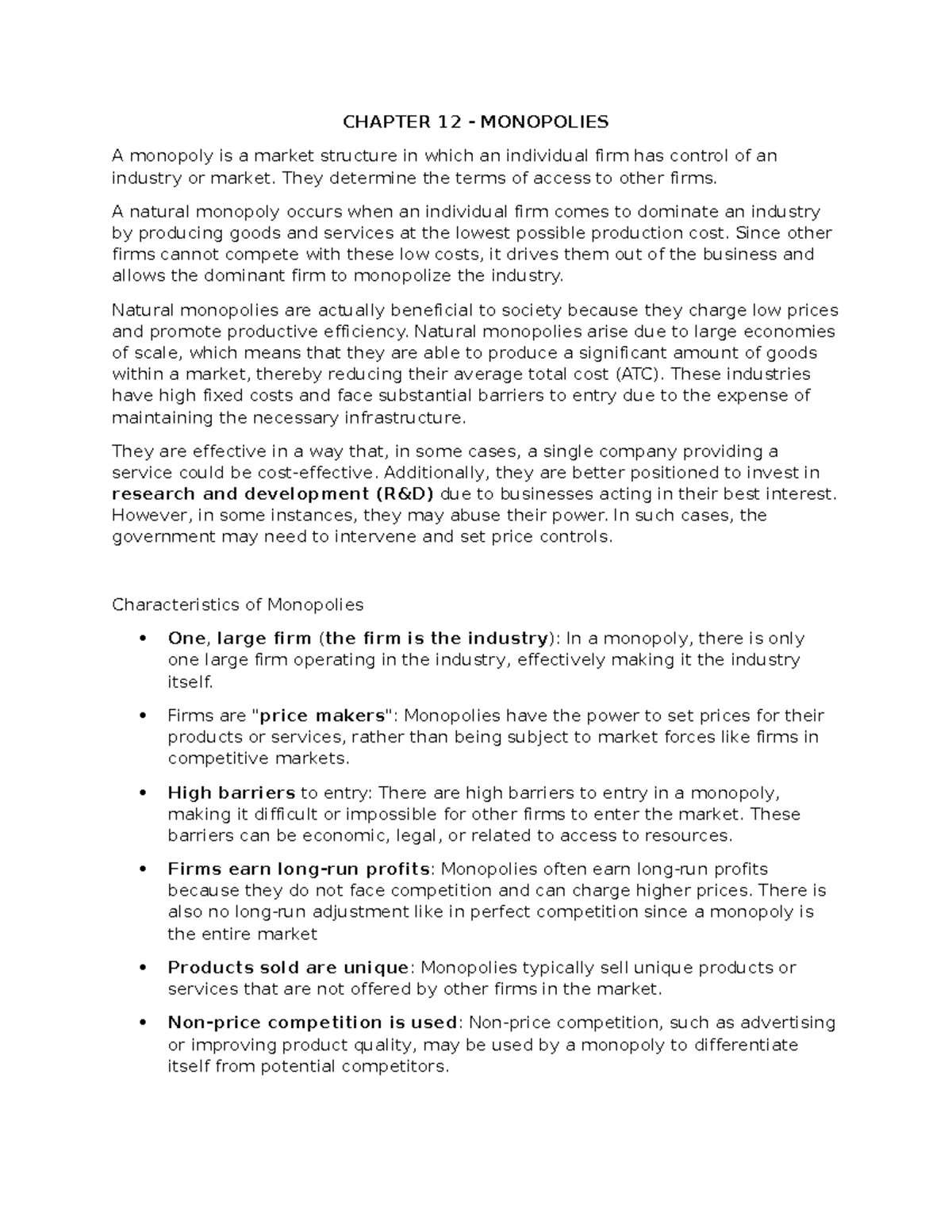 Chapter 12 - Monopolistic Market - CHAPTER 12 - MONOPOLIES A monopoly ...
