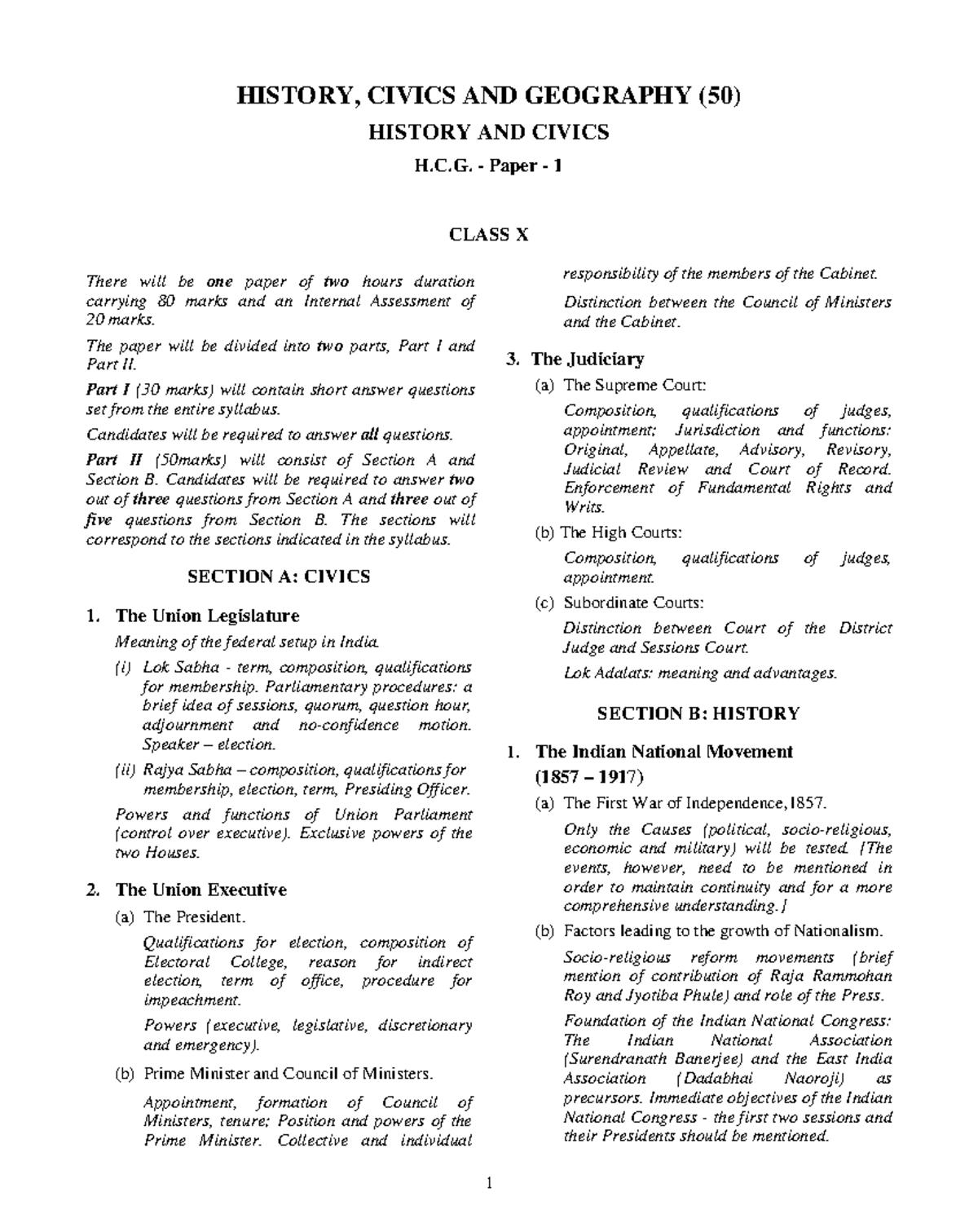 2021 Icsereduced Syllabus X- History AND Civics - HISTORY, CIVICS AND ...