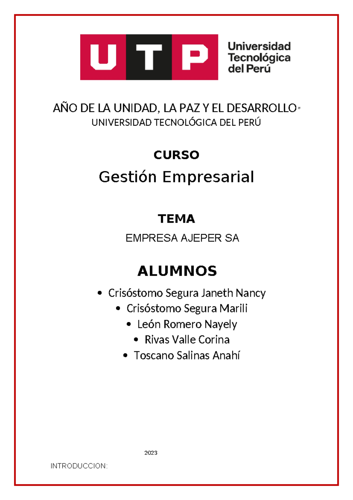 Ajeper SA trabajo - UTIL - AÑO DE LA UNIDAD, LA PAZ Y EL DESARROLLO ...