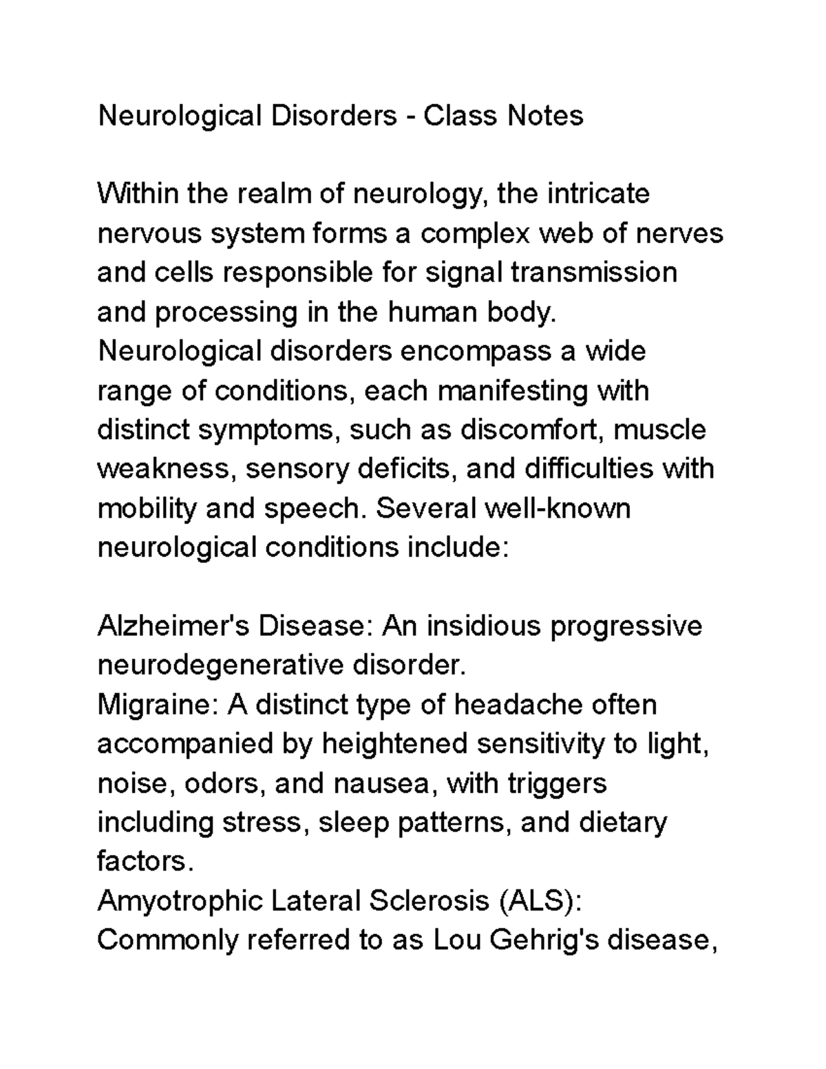 Neurological Disorders - Lecture - Google Docs - Neurological Disorders ...