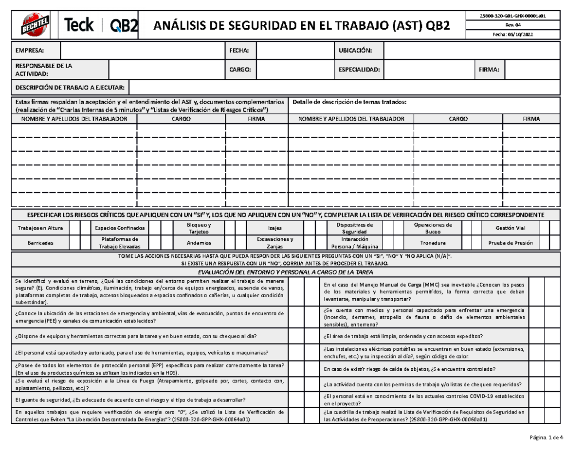 AST REV.4 2022 - AST - ANÁLISIS DE SEGURIDAD EN EL TRABAJO (AST) QB Rev ...