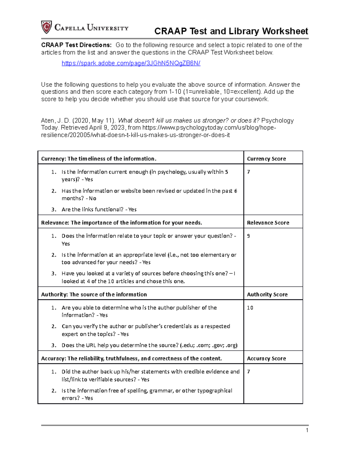 PSYC-FPX3002 Assessment 2 - CRAAP Test Directions: Go to the following ...