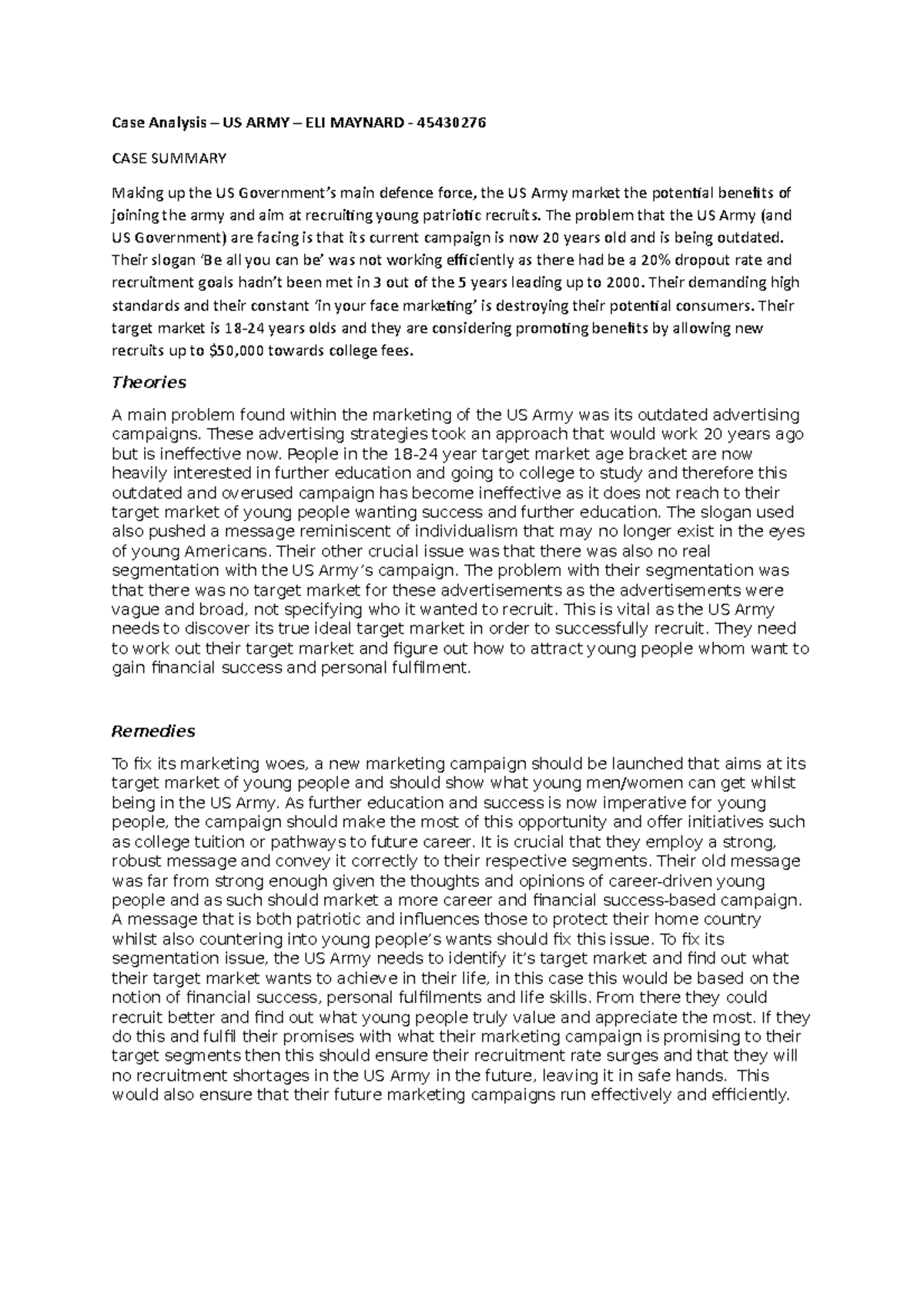 CASE Summary w8 - Case Analysis – US ARMY – ELI MAYNARD - 45430276 CASE ...