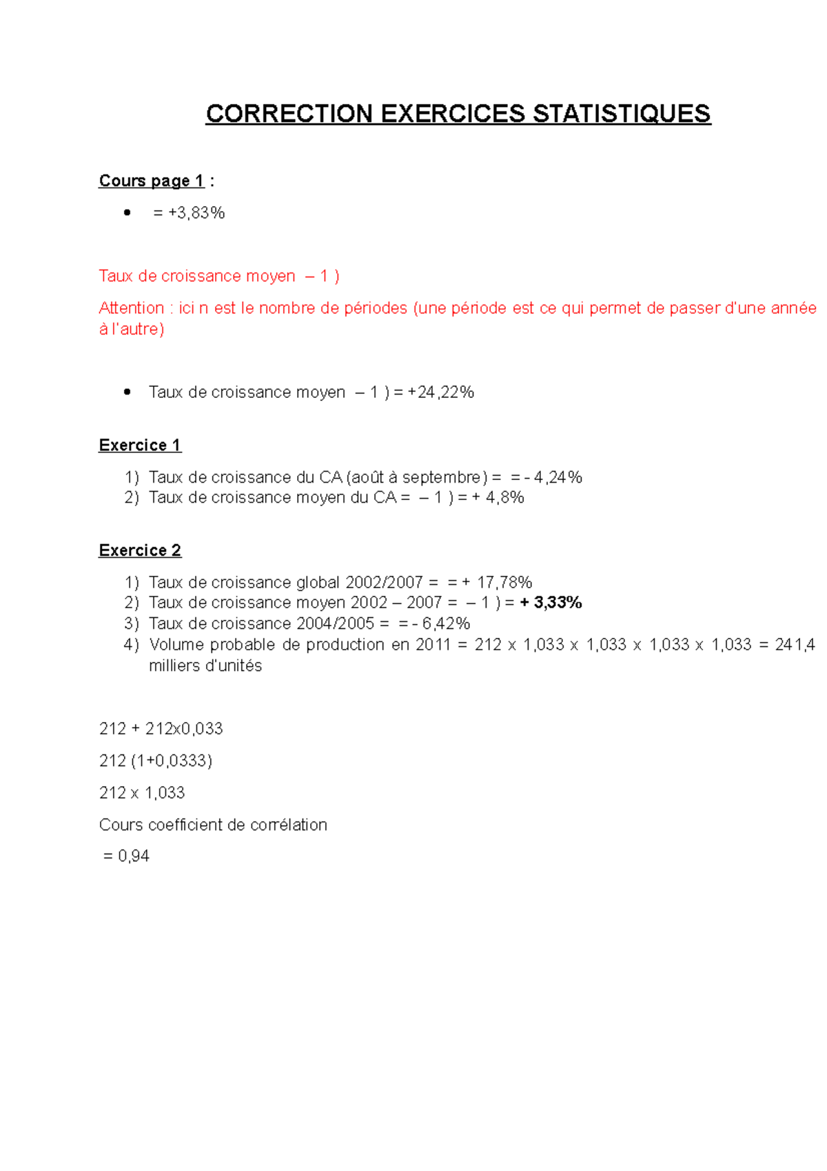 Correction Statistiques TS1 - CORRECTION EXERCICES STATISTIQUES Cours page 1 : = +3,83% Taux de ...