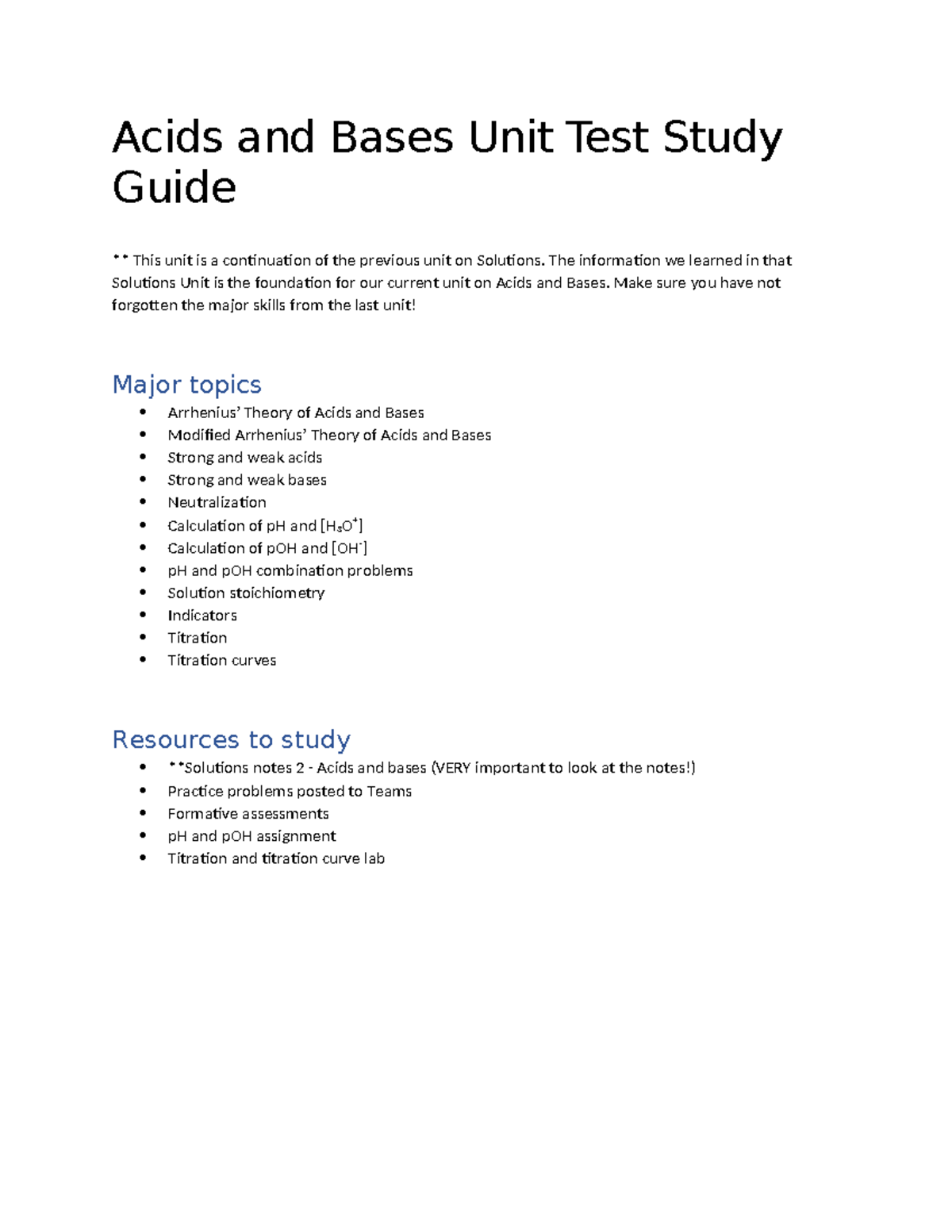 Acids and Bases Study Guide - Acids and Bases Unit Test Study Guide ...