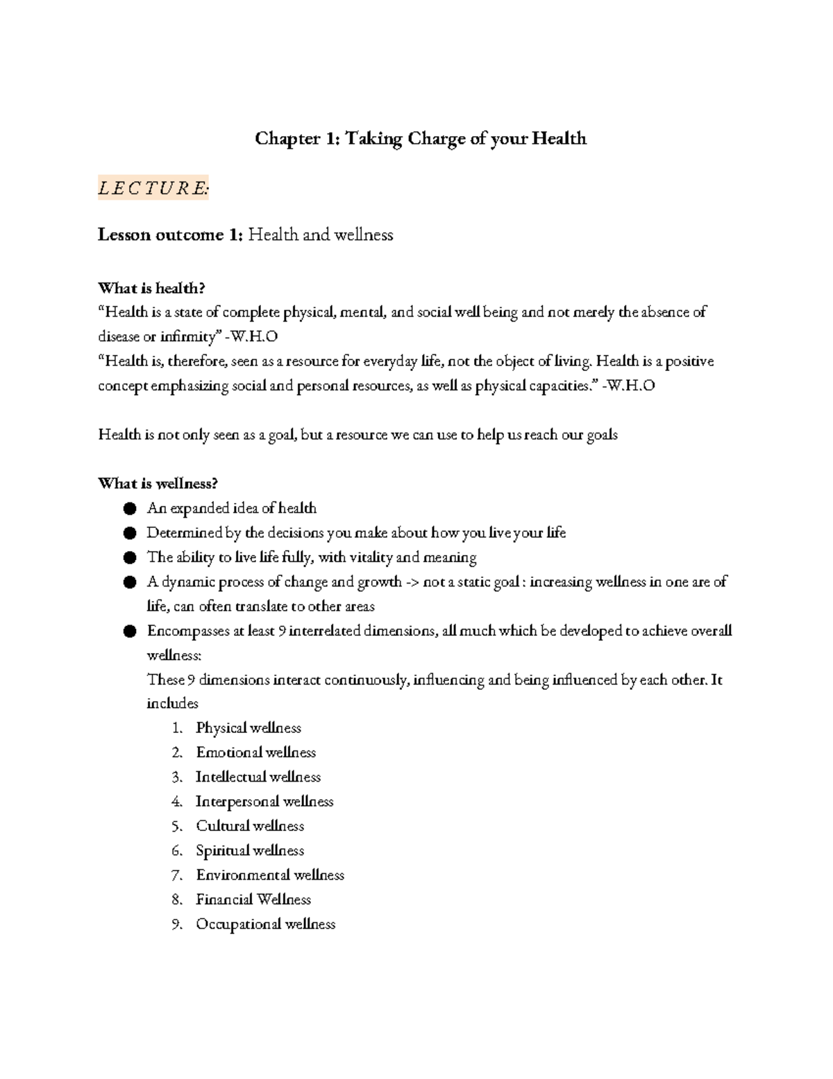 1001 Notes - Chapter 1: Taking Charge of your Health L E C T U R E ...