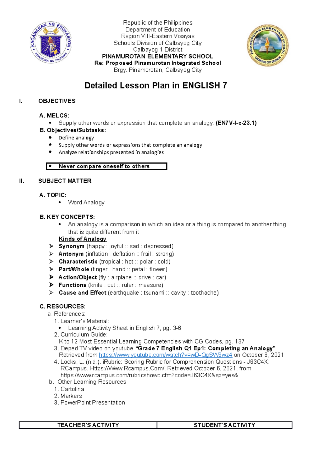 Detailed Lesson PLAN English 7 - Republic of the Philippines Department ...