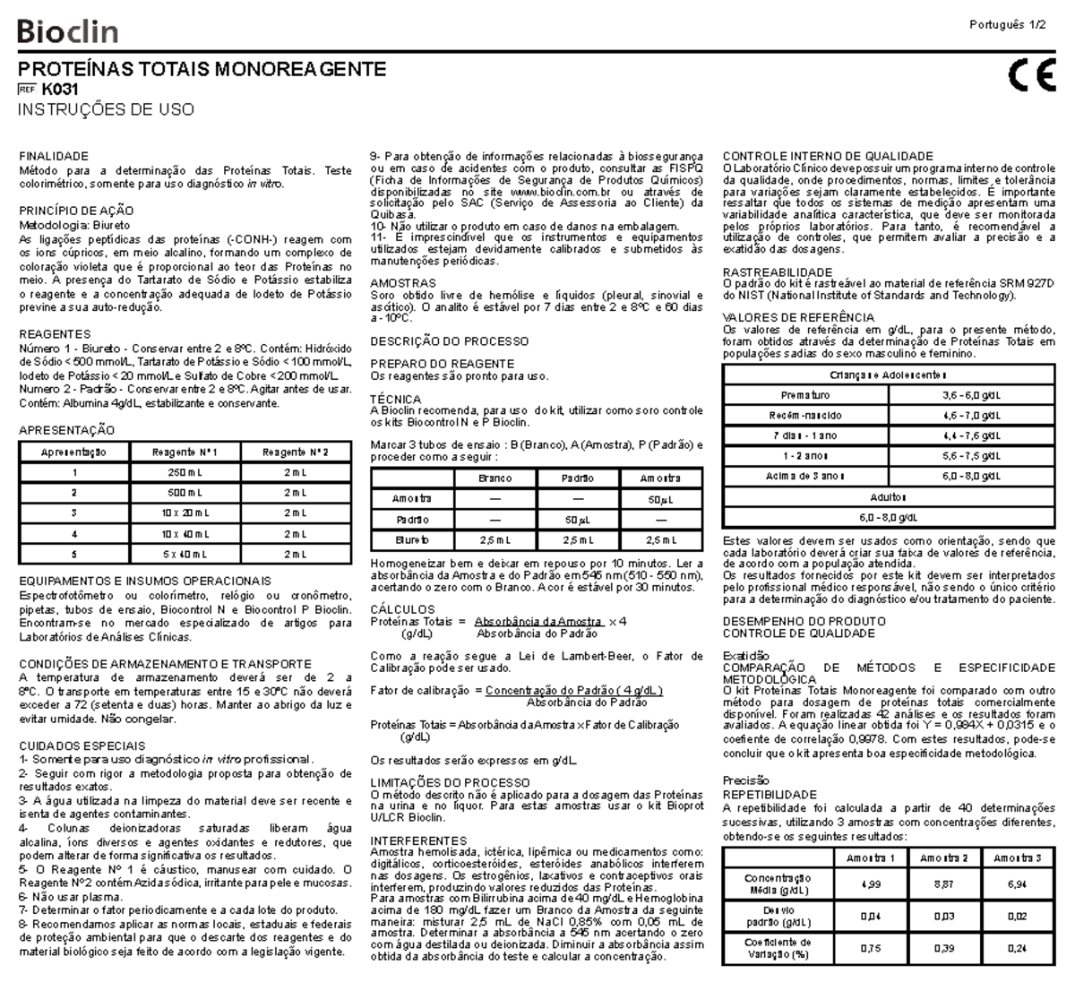 IUS Proteinas Totais Monoreagente - Português 1/ PROTEÍNAS TOTAIS ...