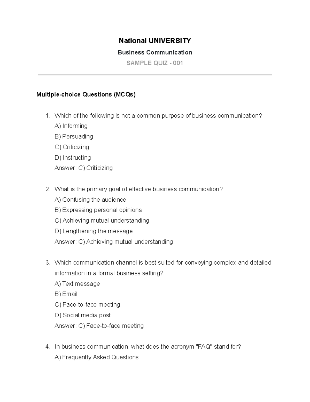 Business Communication - National UNIVERSITY Business Communication ...