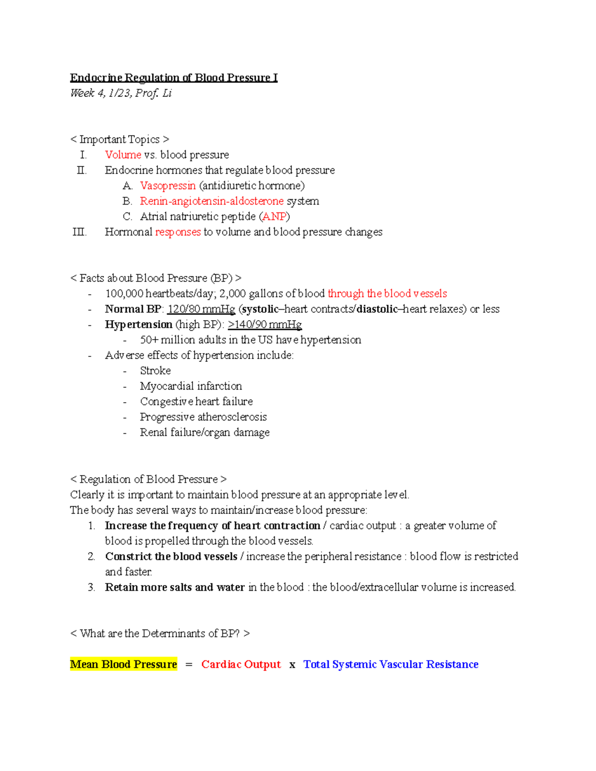 Endocrine Regulation of Blood Pressure I Lecture Notes - Endocrine ...