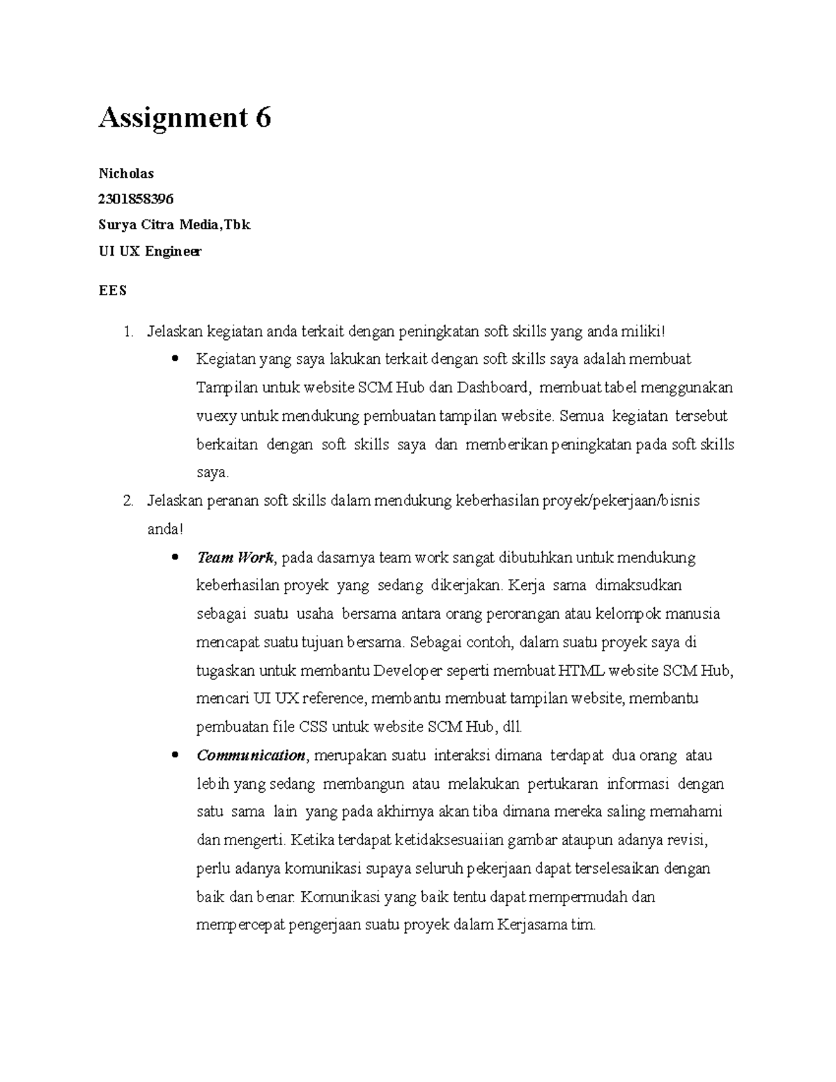 Cskmg; Csbks; Csals- Assignment Bulan 6-EES-IN - Assignment 6 Nicholas 2301858396 Surya Citra ...