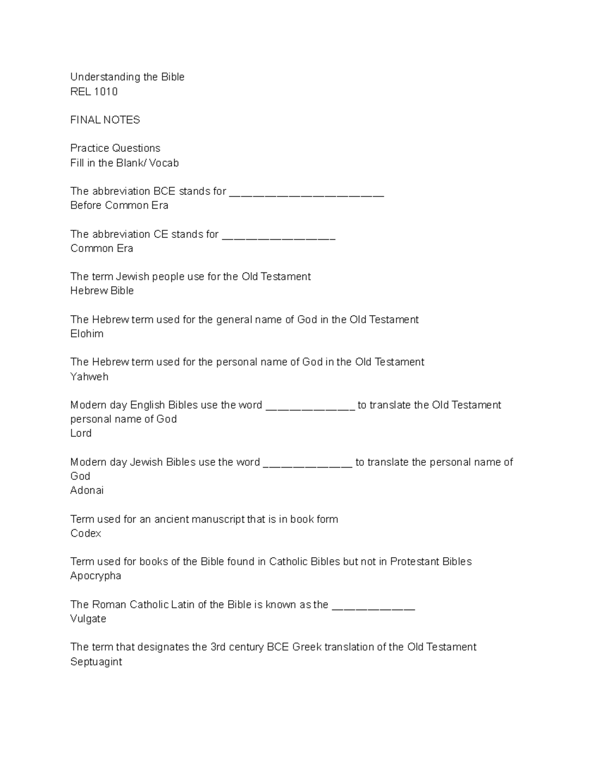 Understanding the Bible Final - Understanding the Bible REL 1010 FINAL ...