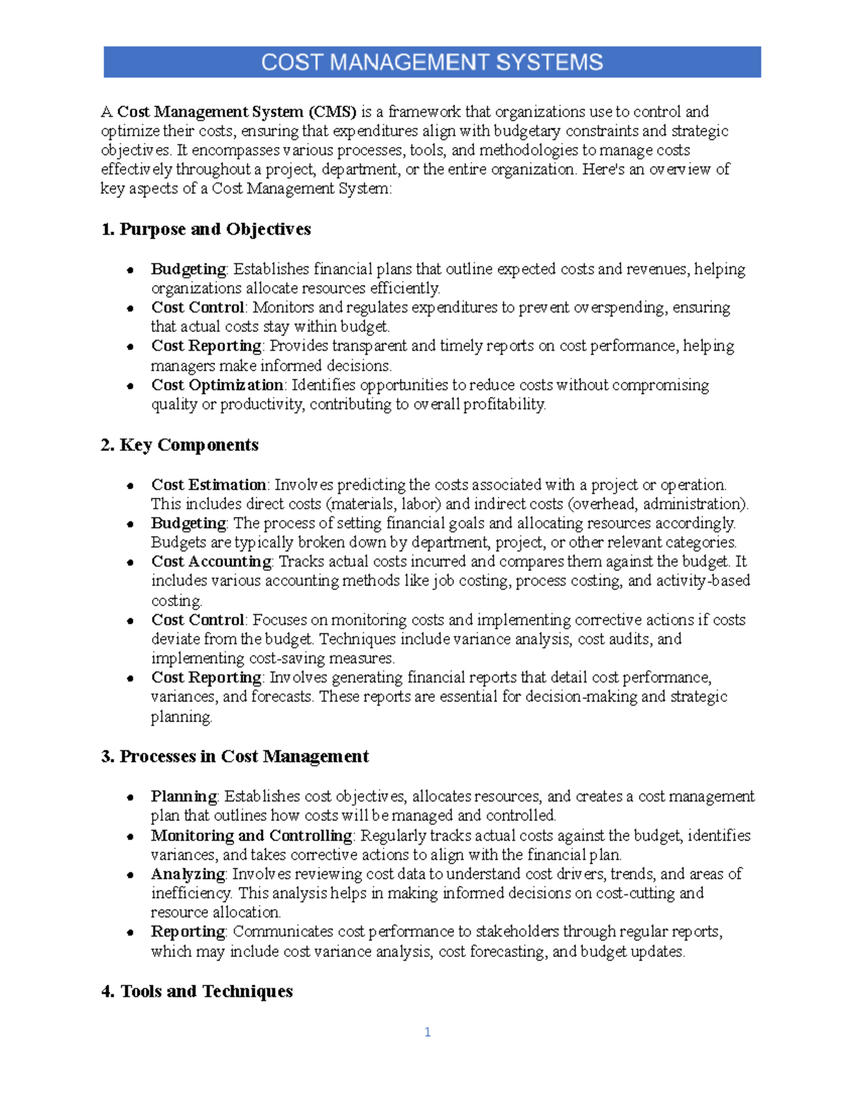 A Cost Management System - It encompasses various processes, tools, and ...